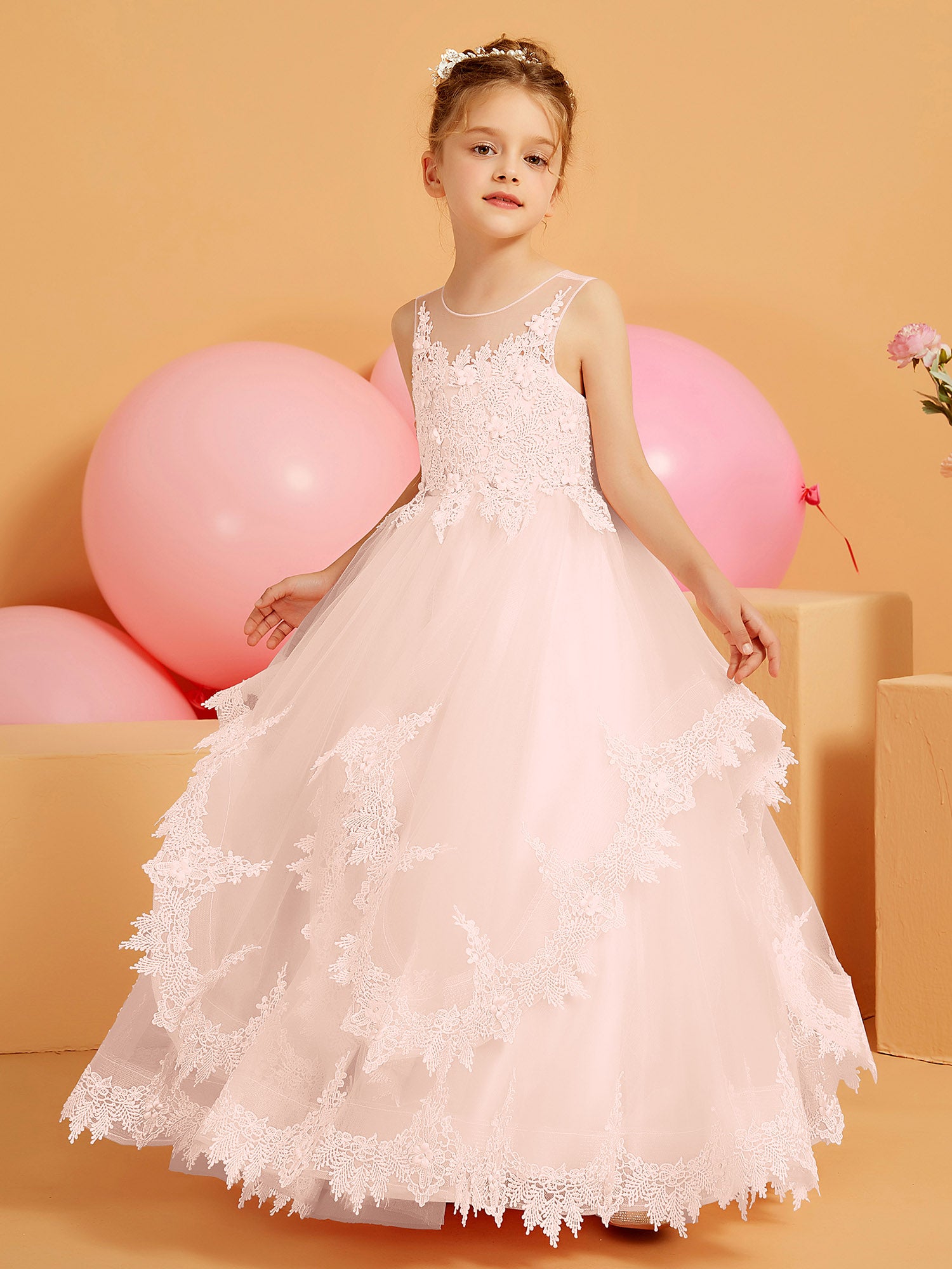 Cute Ball-Gown Flower Girl Dress with Lace Edge Hem Pearl Pink – BABARONI