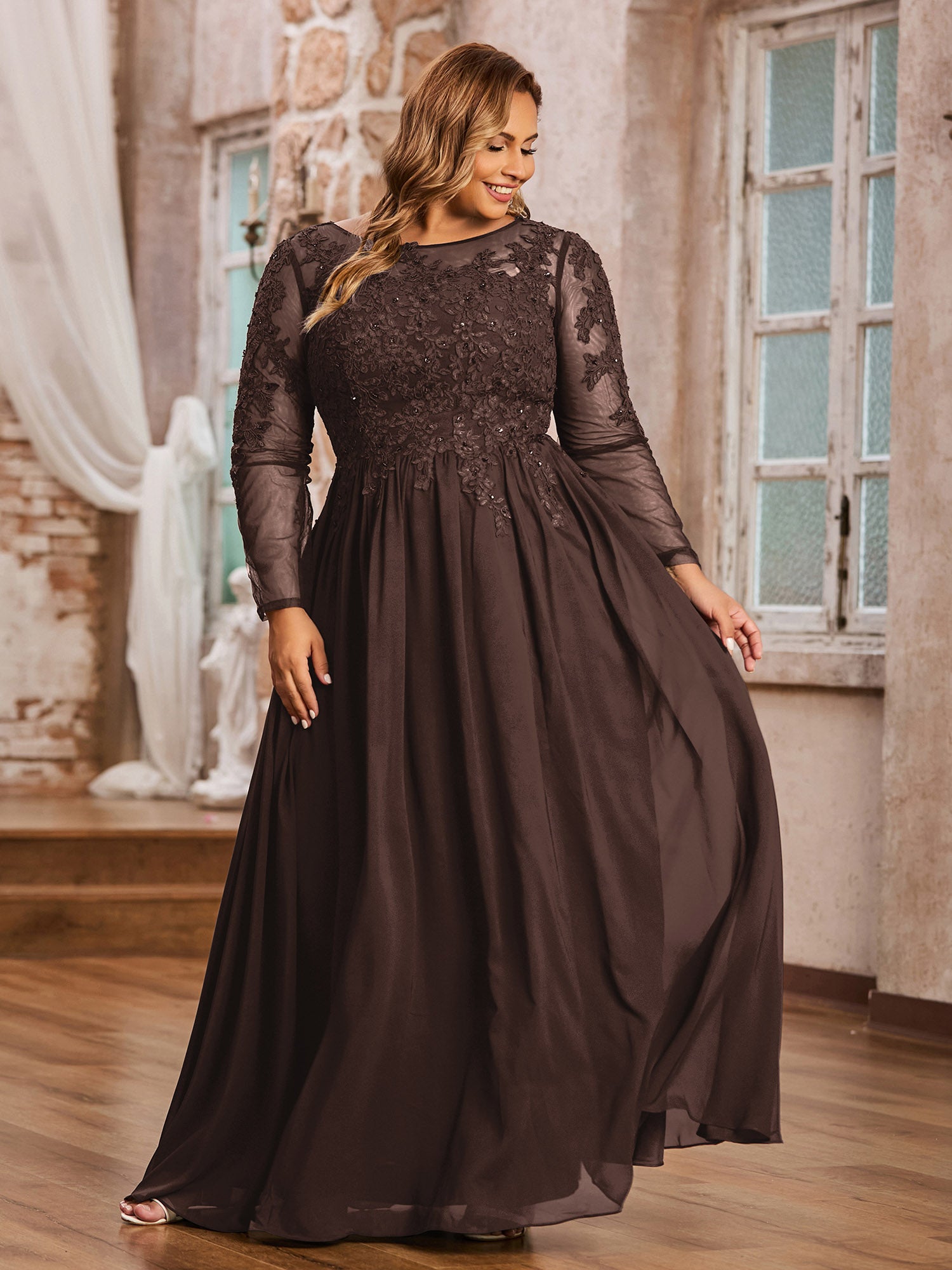 Tulle with Appliqued Long Sleeves Dress-Chocolate Plus Size – BABARONI