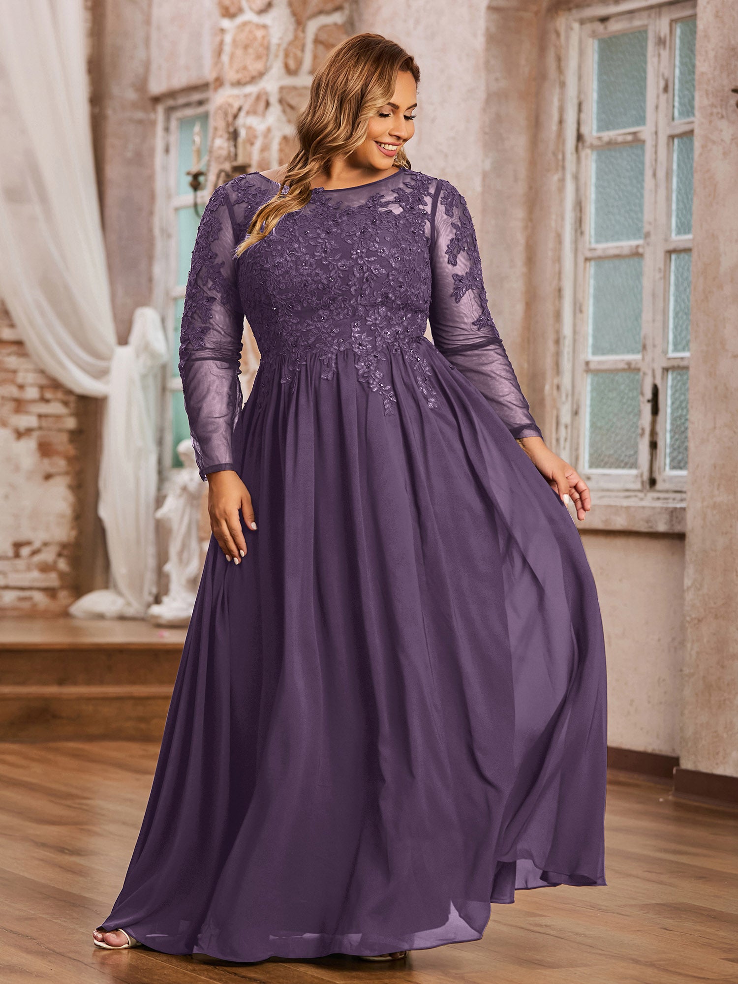 BABARONI Tulle Plum Bridesmaid Dresses Bateau Floor-length Long Sleeve ...