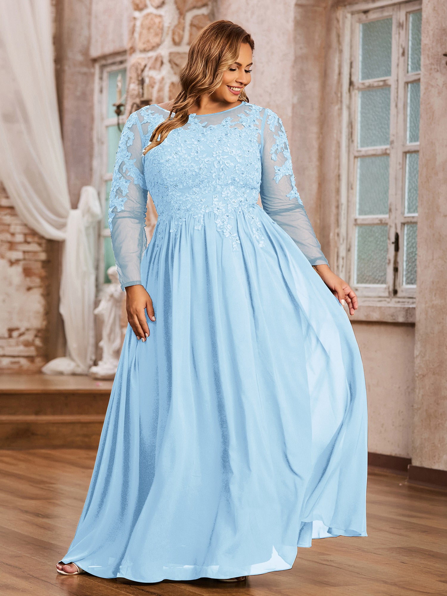 Tulle with Appliqued Long Sleeves Dress-Sky Blue Plus Size – BABARONI