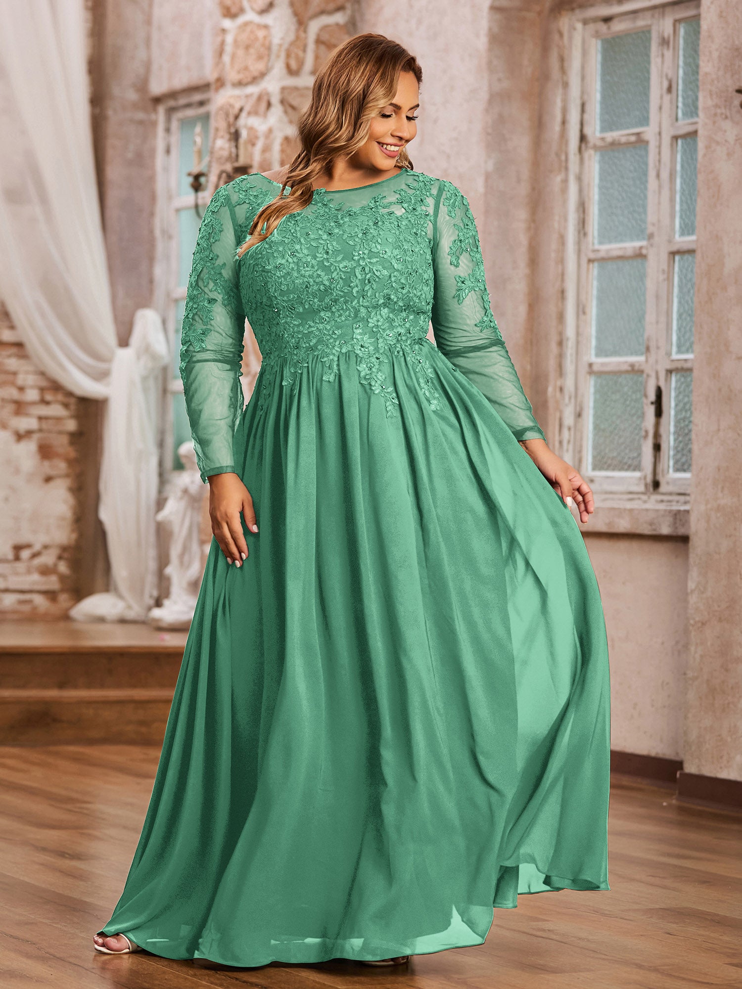 Tulle with Appliqued Long Sleeves Dress-Turquoise Plus Size – BABARONI