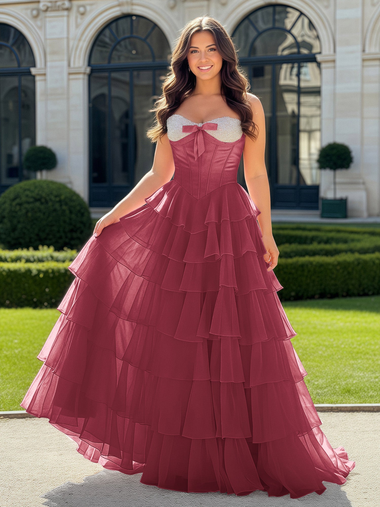 BABARONI Chiffon Cinnamon Rose Prom Dresses A-line Sweetheart Beaded ...