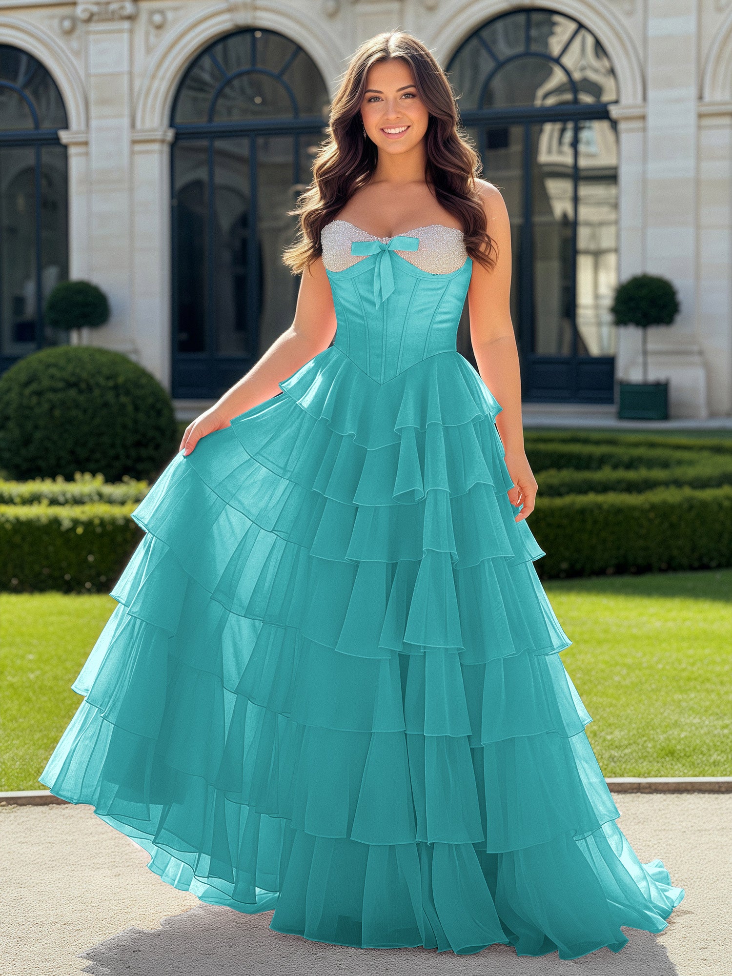 BABARONI Chiffon Jade Prom Dresses A-line Sweetheart Beaded Bow Sweep ...