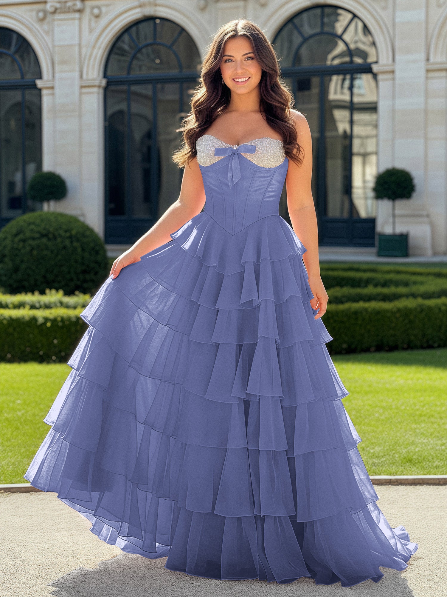 BABARONI Chiffon Periwinkle Prom Dresses A-line Sweetheart Beaded Bow ...