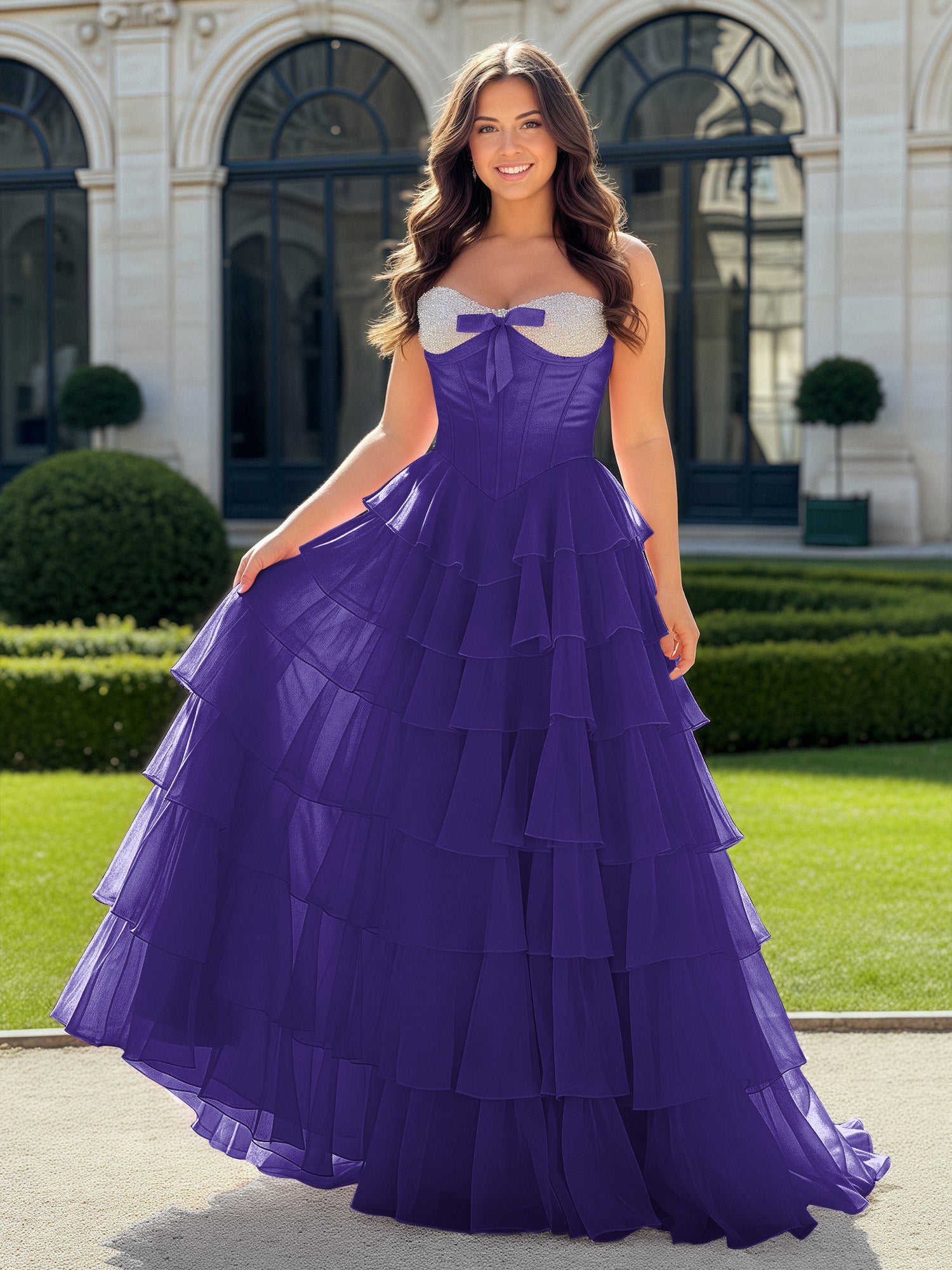 BABARONI Chiffon Regency Prom Dresses A-line Sweetheart Beaded Bow ...