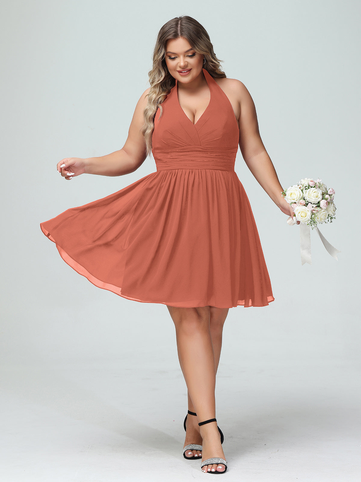 Halter V Neck Short Chiffon Bridesmaid Dresses-Rust Plus Size – BABARONI