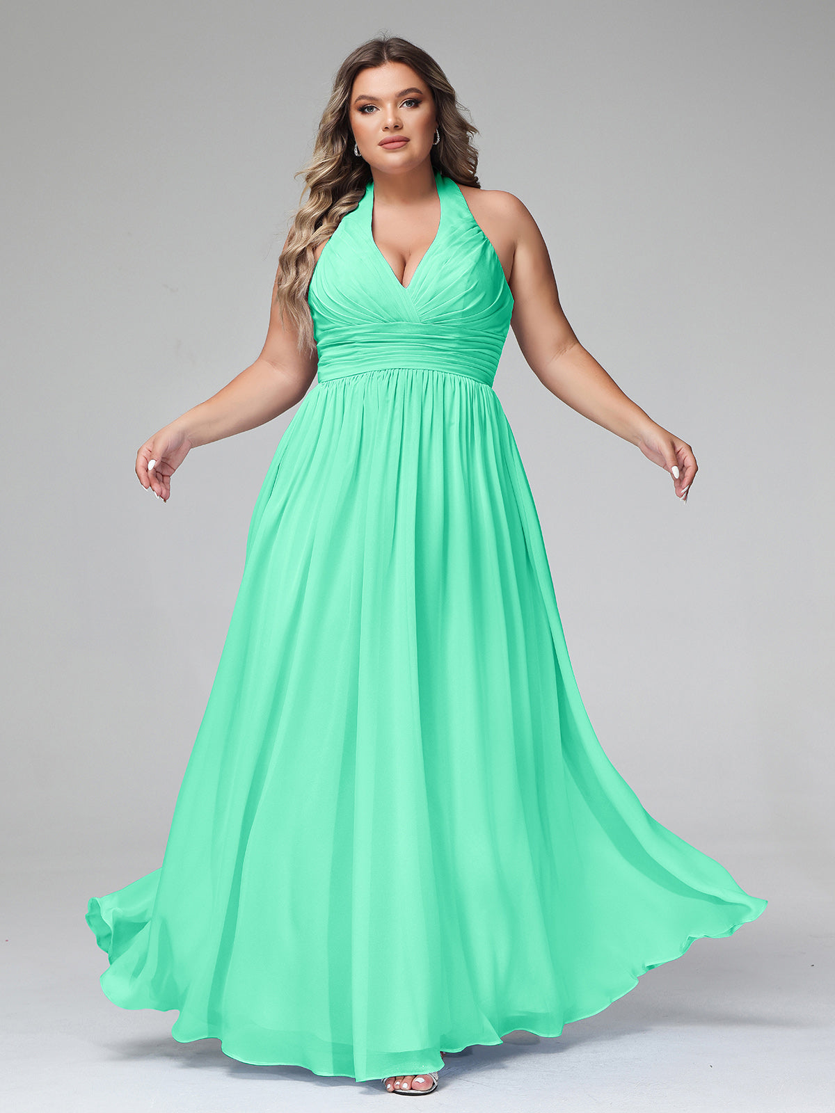 Halter V Neck Chiffon Bridesmaid Gown-Turquoise Plus Size – BABARONI