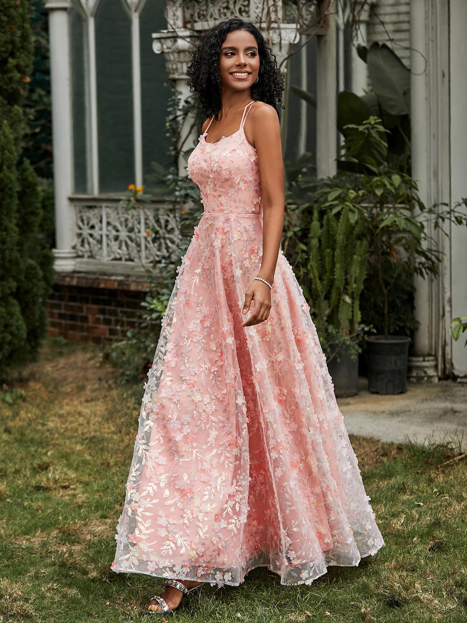 Spaghetti Straps Lace-up Flowers Appliqued Prom Dress Coral – BABARONI
