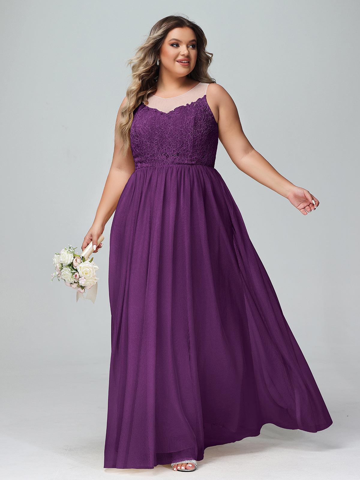 Illusion Neckline Lace and Tulle Maxi Dress-Grape Plus Size – BABARONI