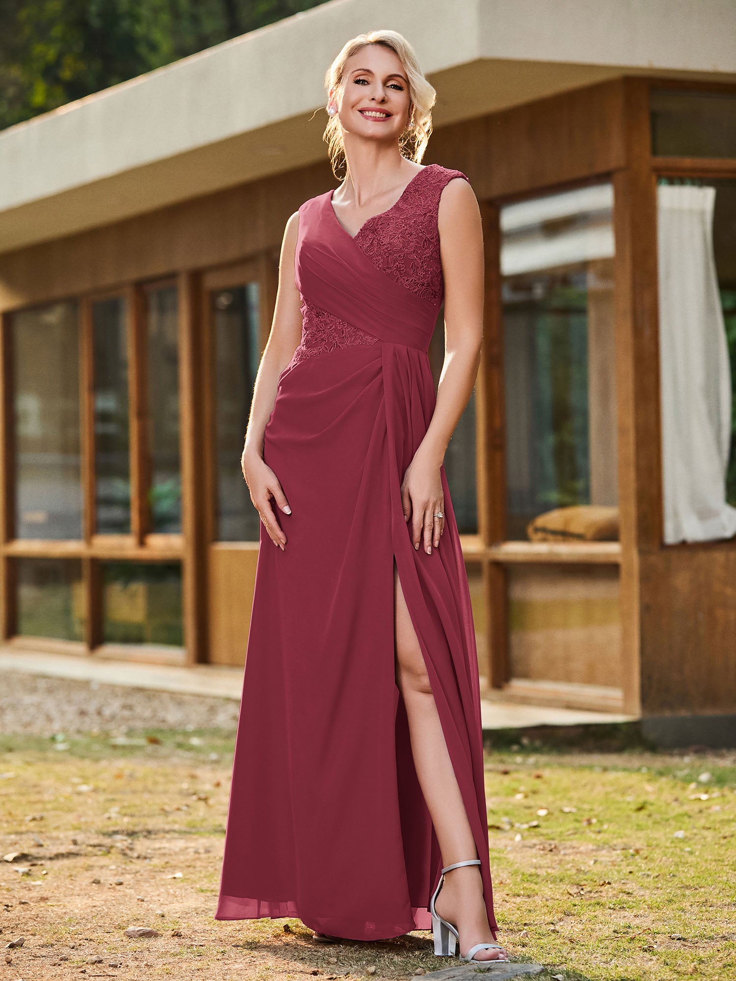 BABARONI Chiffon Cinnamon Rose Mother of the Bride Dresses A-line V ...