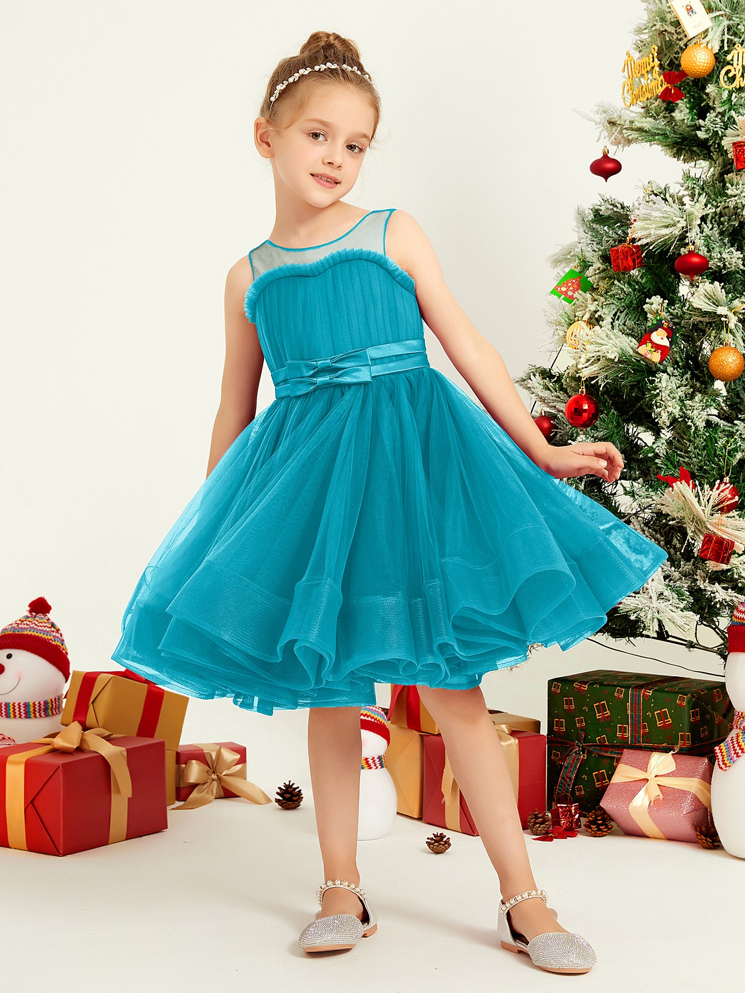 Illusion Sleeveless Pleated Tulle A-line Short Girl Dress Jade – BABARONI