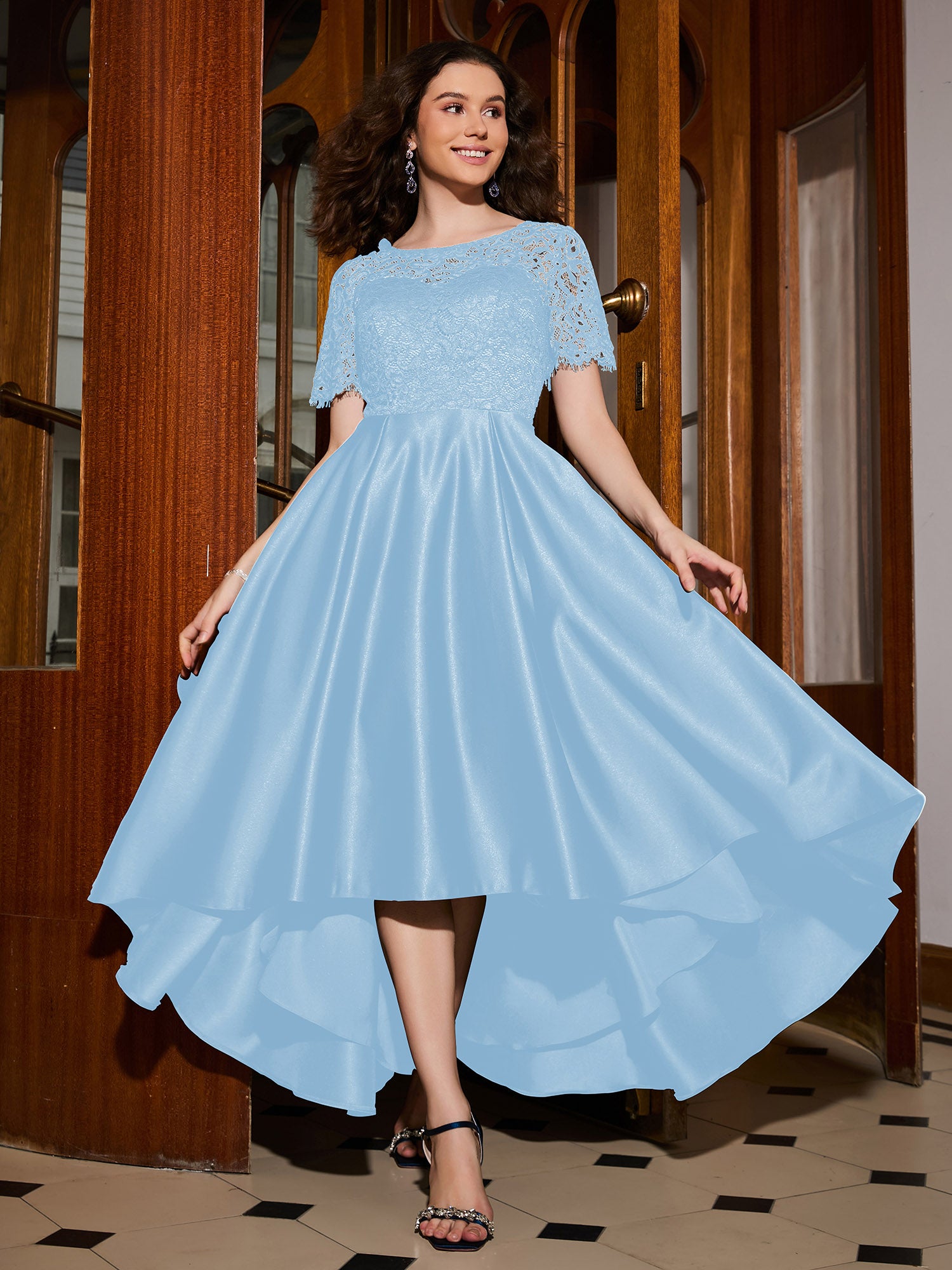 BABARONI Satin Sky Blue Prom Dresses A-line Jewel Short Lace Asymmetrical