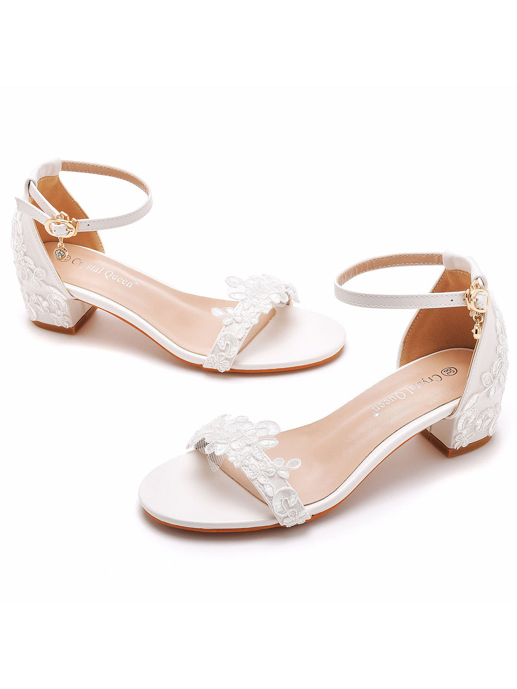 Elegant White Lace Open Toe Ankle-strap Block Heels – BABARONI