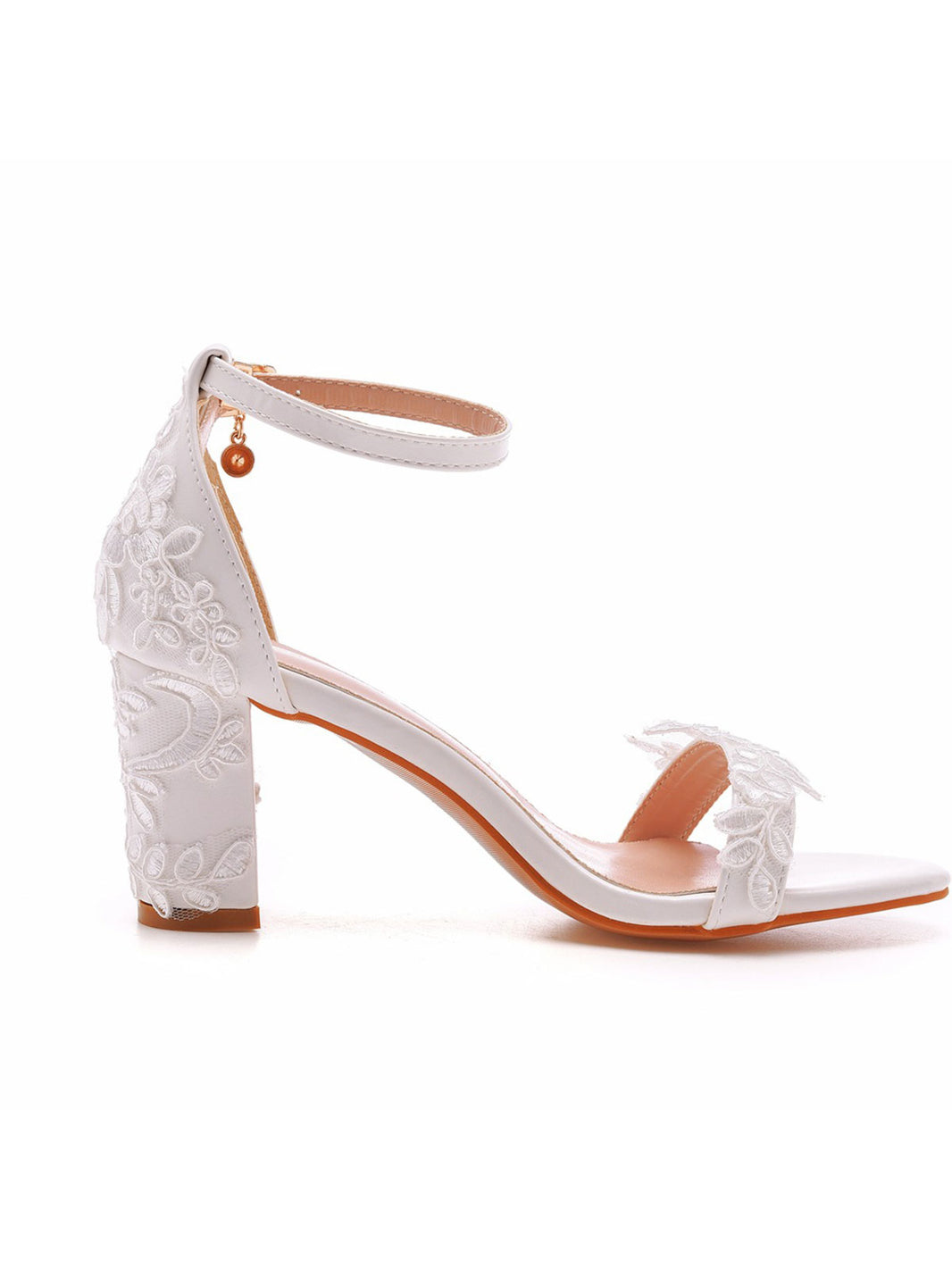 Elegant White Lace Open Toe Ankle-strap Block Heels – BABARONI
