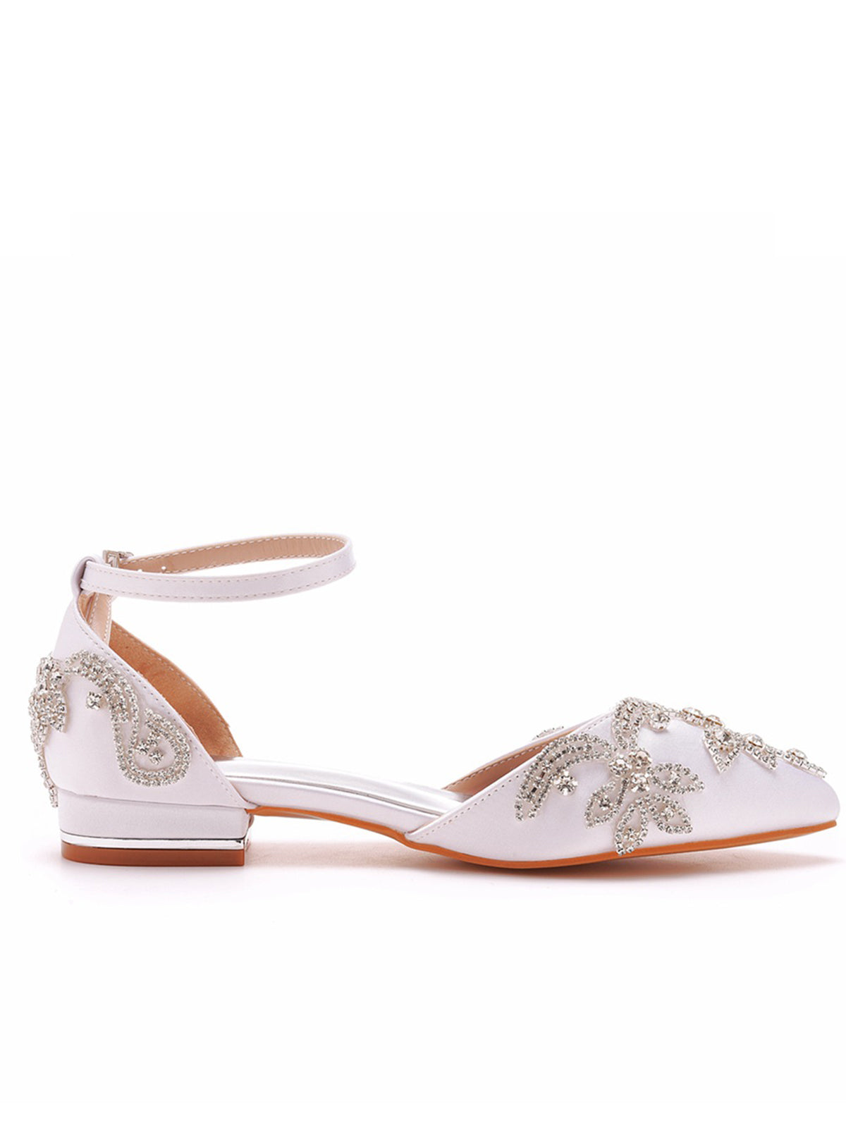 White Satin Rhinestone Flowers Pointed Toe Ankle Strap Chunky Heels ...