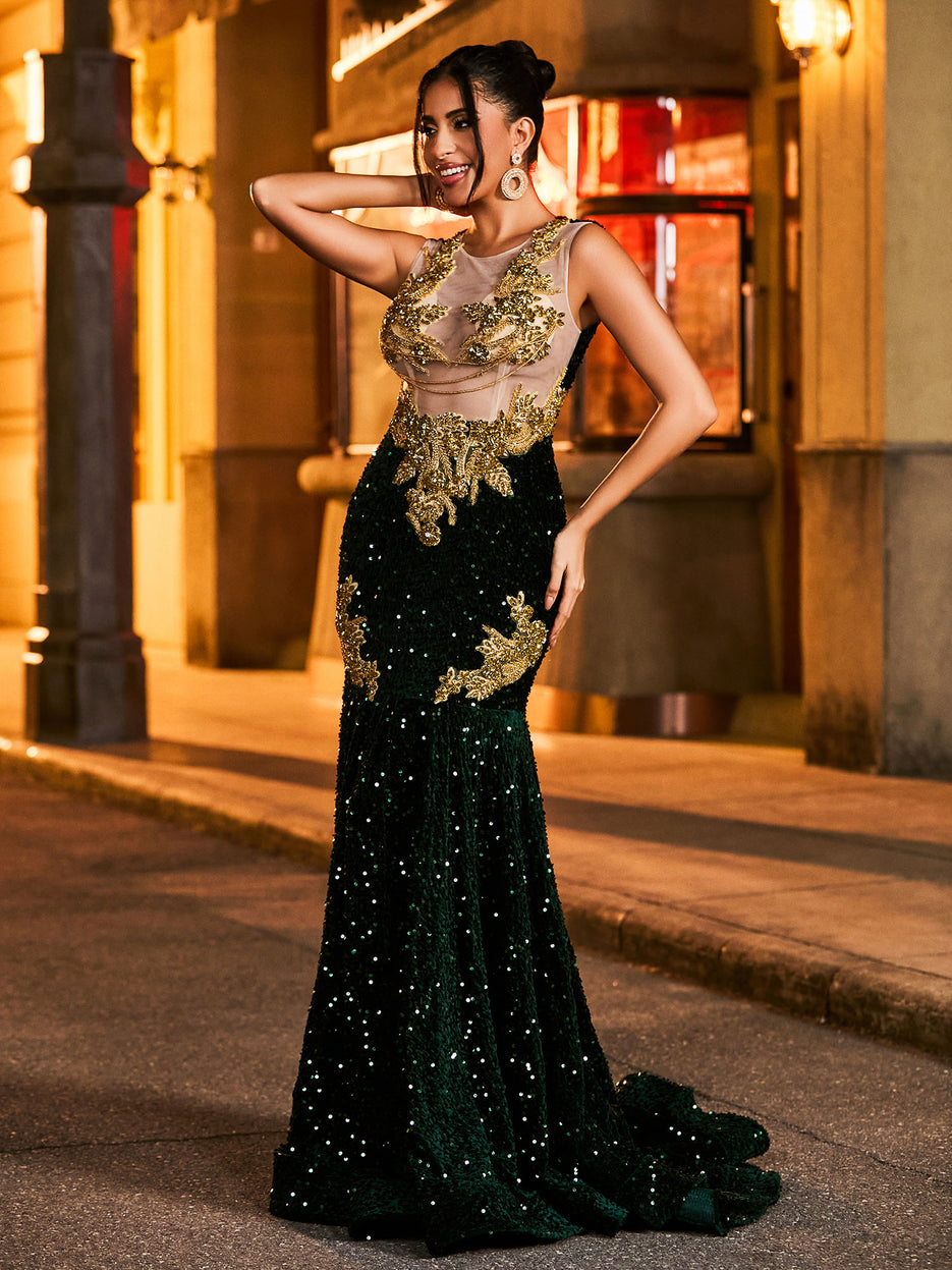 BABARONI Sequin Dark Green Prom Dresses Trumpet/Mermaid Illusion ...