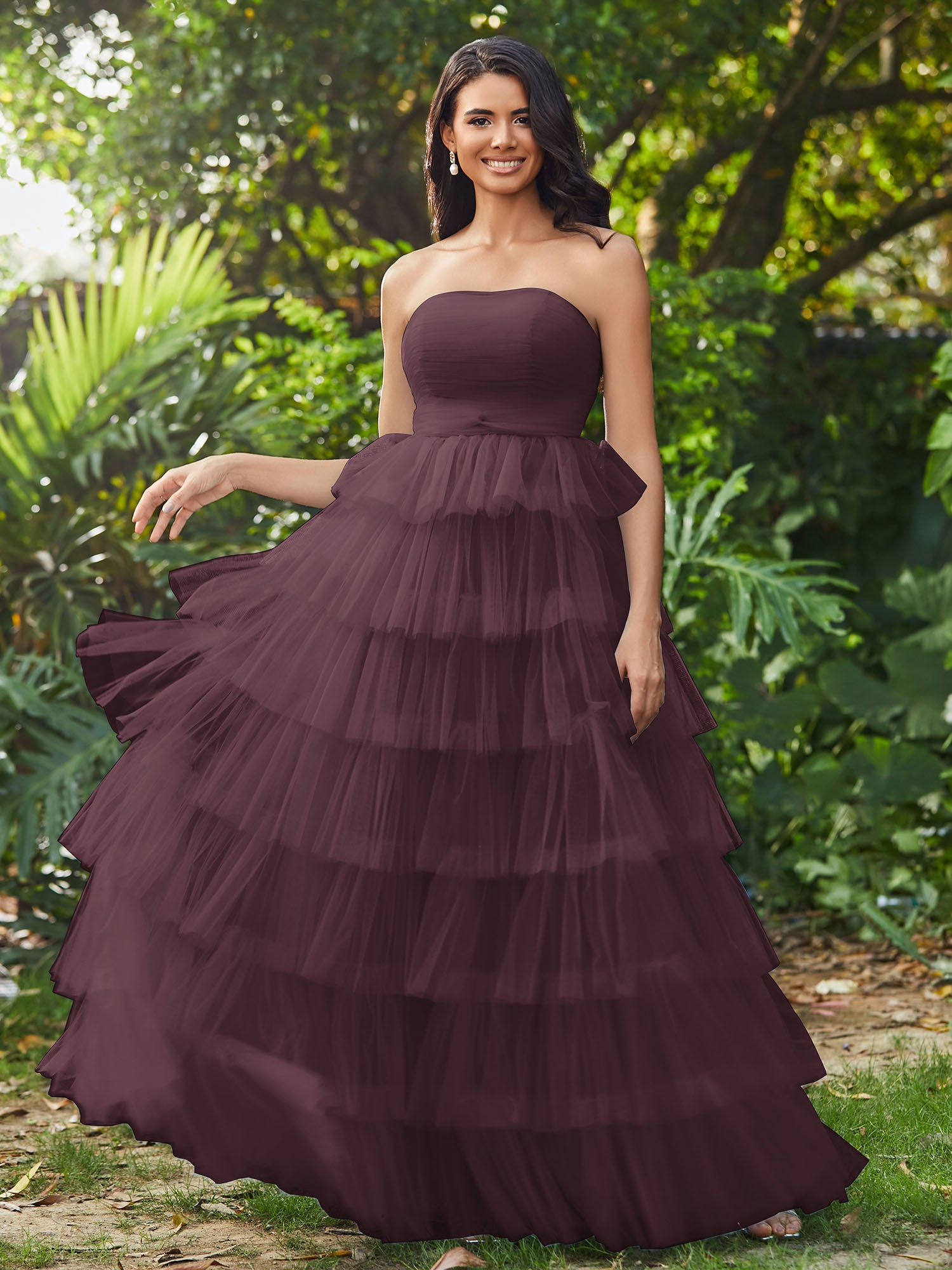 BABARONI Tulle Cabernet Prom Dresses A-line Strapless Pleated Ruffle ...
