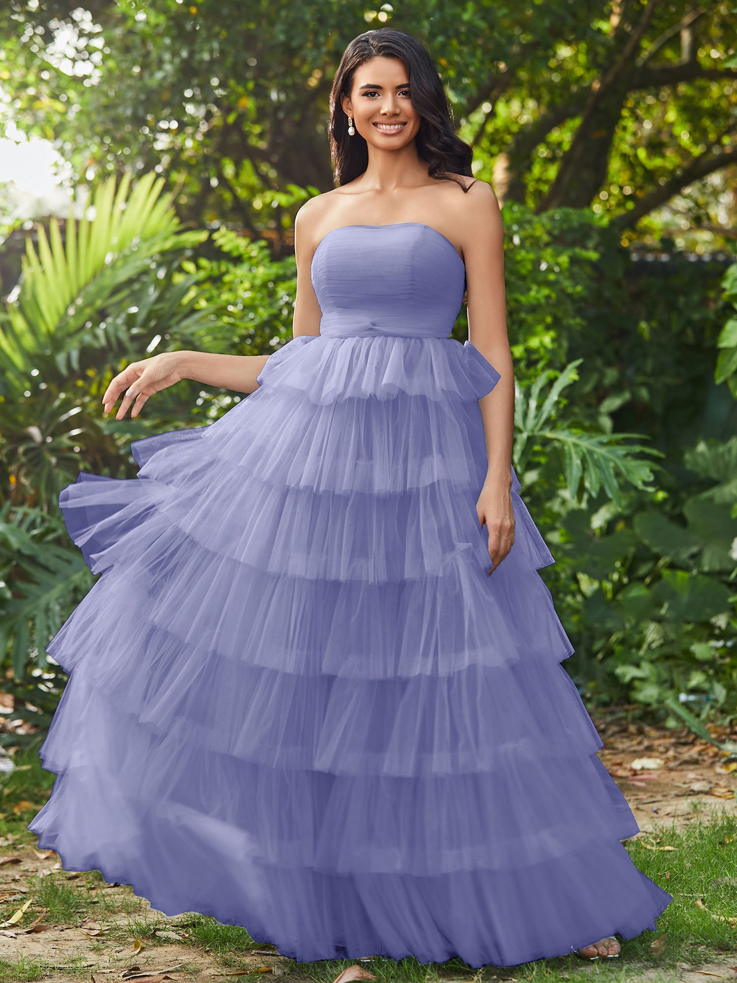 BABARONI Tulle Periwinkle Prom Dresses A-line Strapless Pleated Ruffle ...