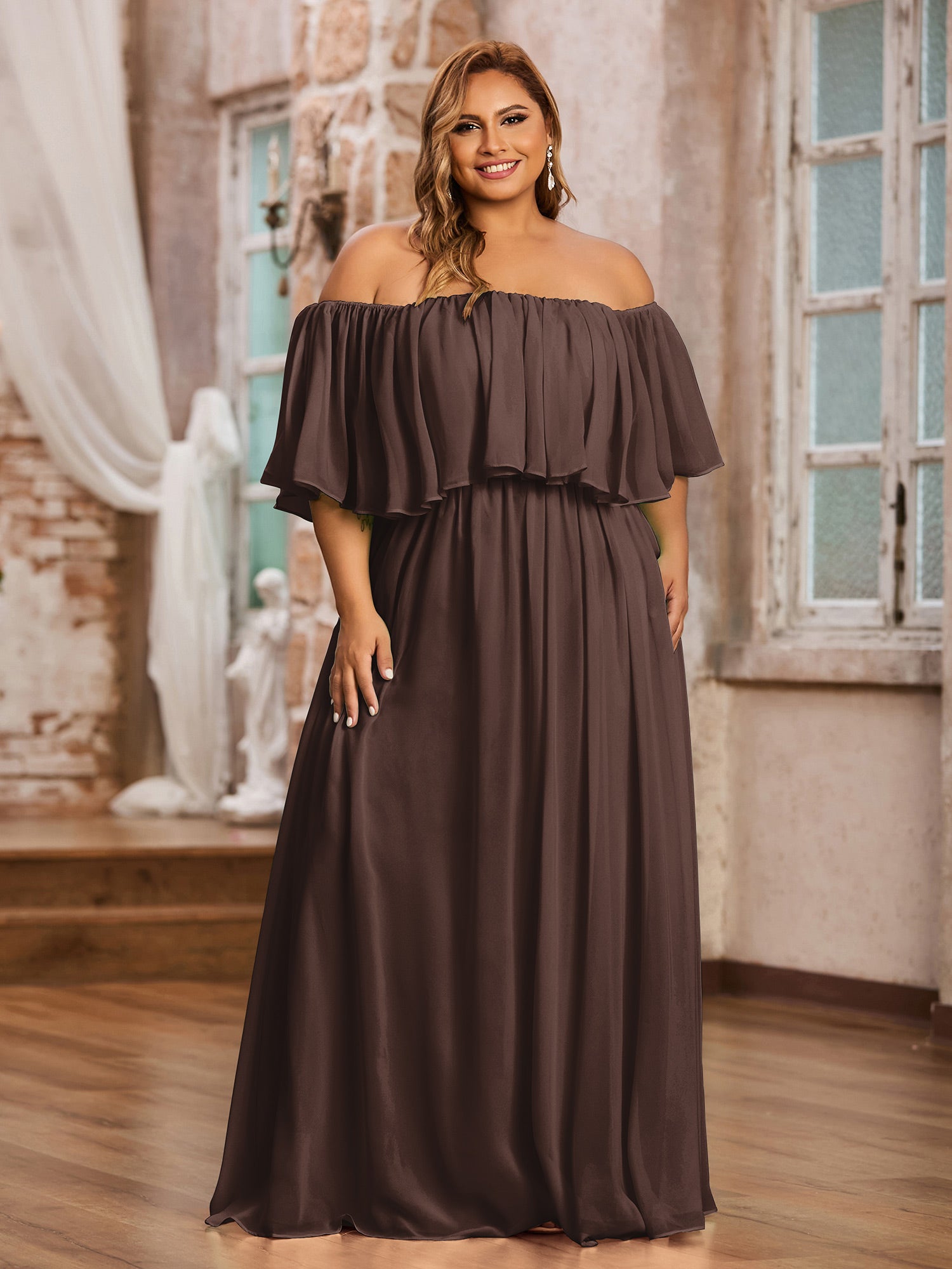 Off the Shoulder Ruffles Chiffon Maxi Dress-Chocolate Plus Size – BABARONI
