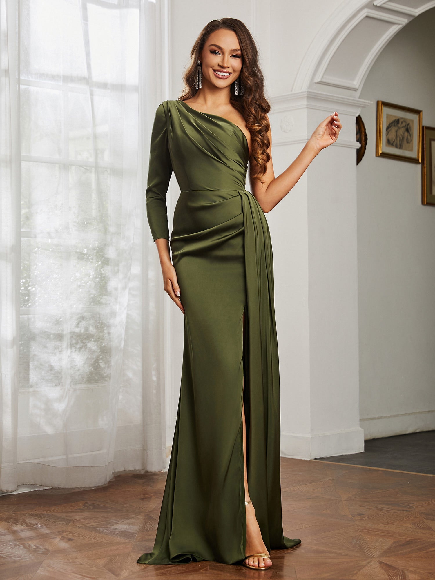 Sheath/Column One Shoulder Satin Prom Dress Olive Green – BABARONI
