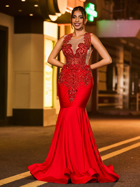 BABARONI Stretch Satin Burgundy Prom Dresses Trumpet/Mermaid Illusion ...