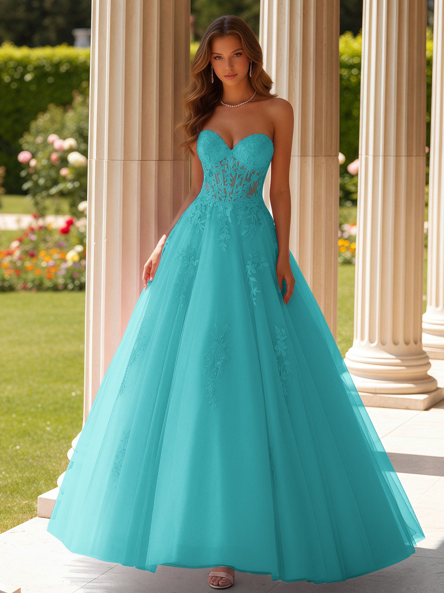 BABARONI Tulle Jade Prom Dresses Ball Gown Sweetheart Lace Appliqued ...