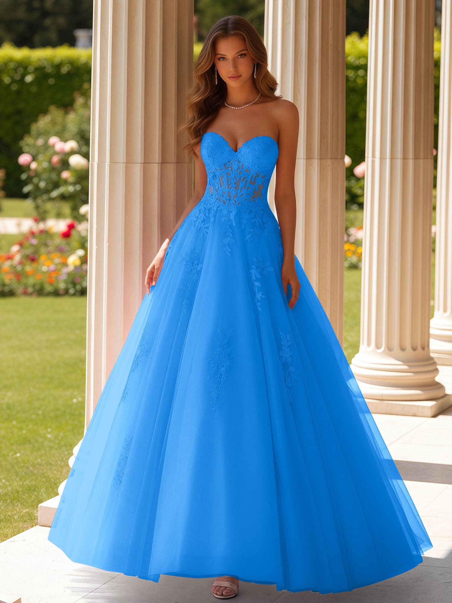 BABARONI Tulle Ocean Blue Prom Dresses Ball Gown Sweetheart Lace ...