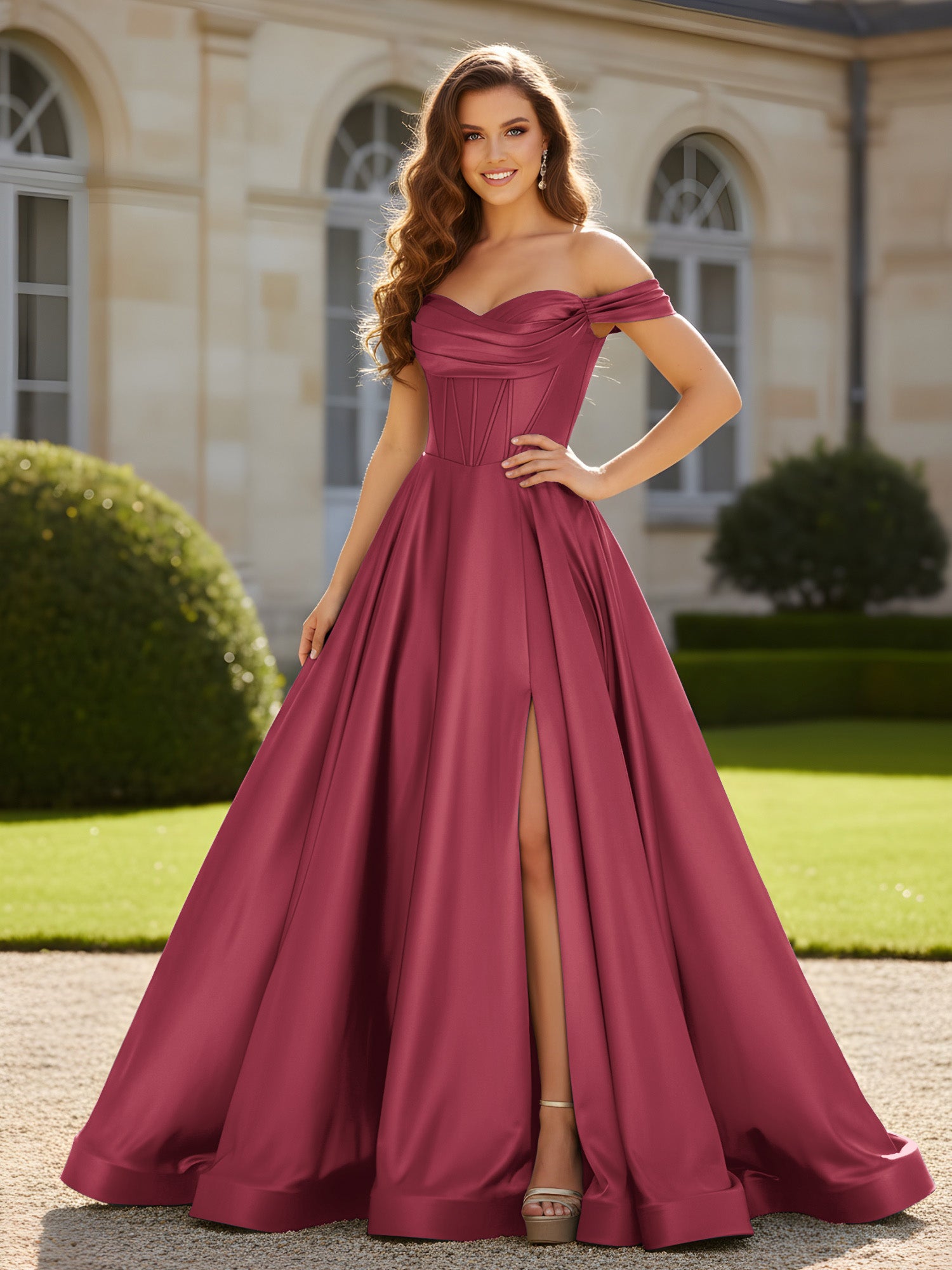 BABARONI Satin Cinnamon Rose Prom Dresses A-line Off-the-shoulder ...
