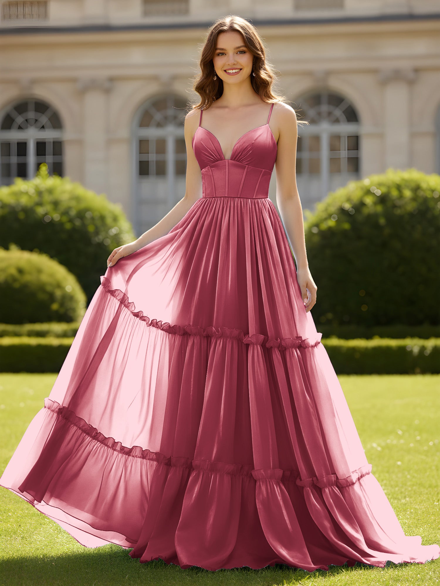 BABARONI Chiffon Cinnamon Rose Prom Dresses A-line V-neck Pleated ...