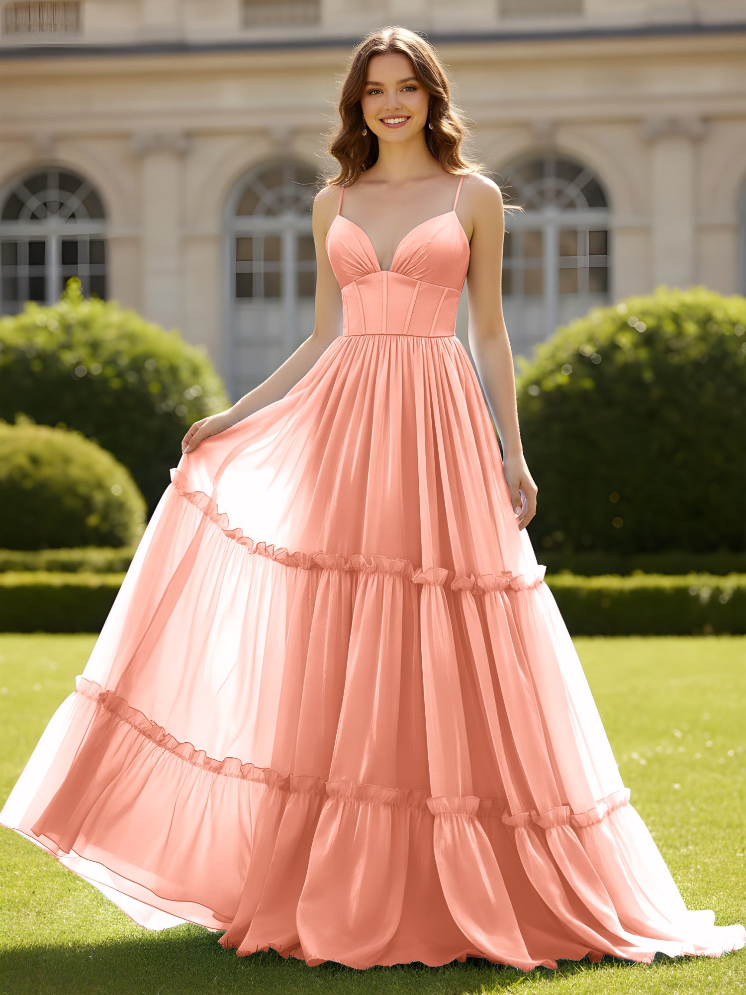 BABARONI Chiffon Papaya Prom Dresses A-line V-neck Pleated Ruffle ...