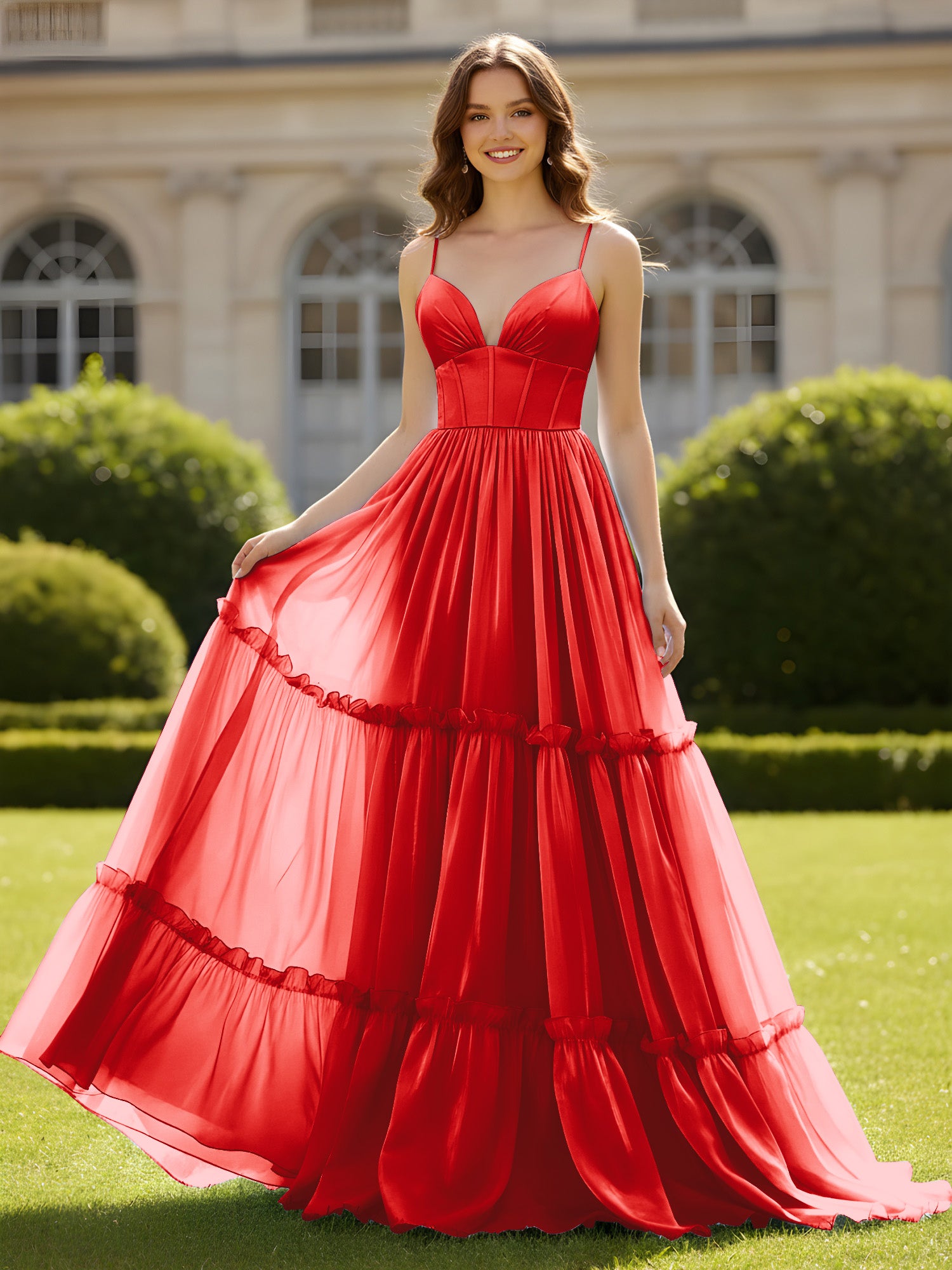 BABARONI Chiffon Red Prom Dresses A-line V-neck Pleated Ruffle ...
