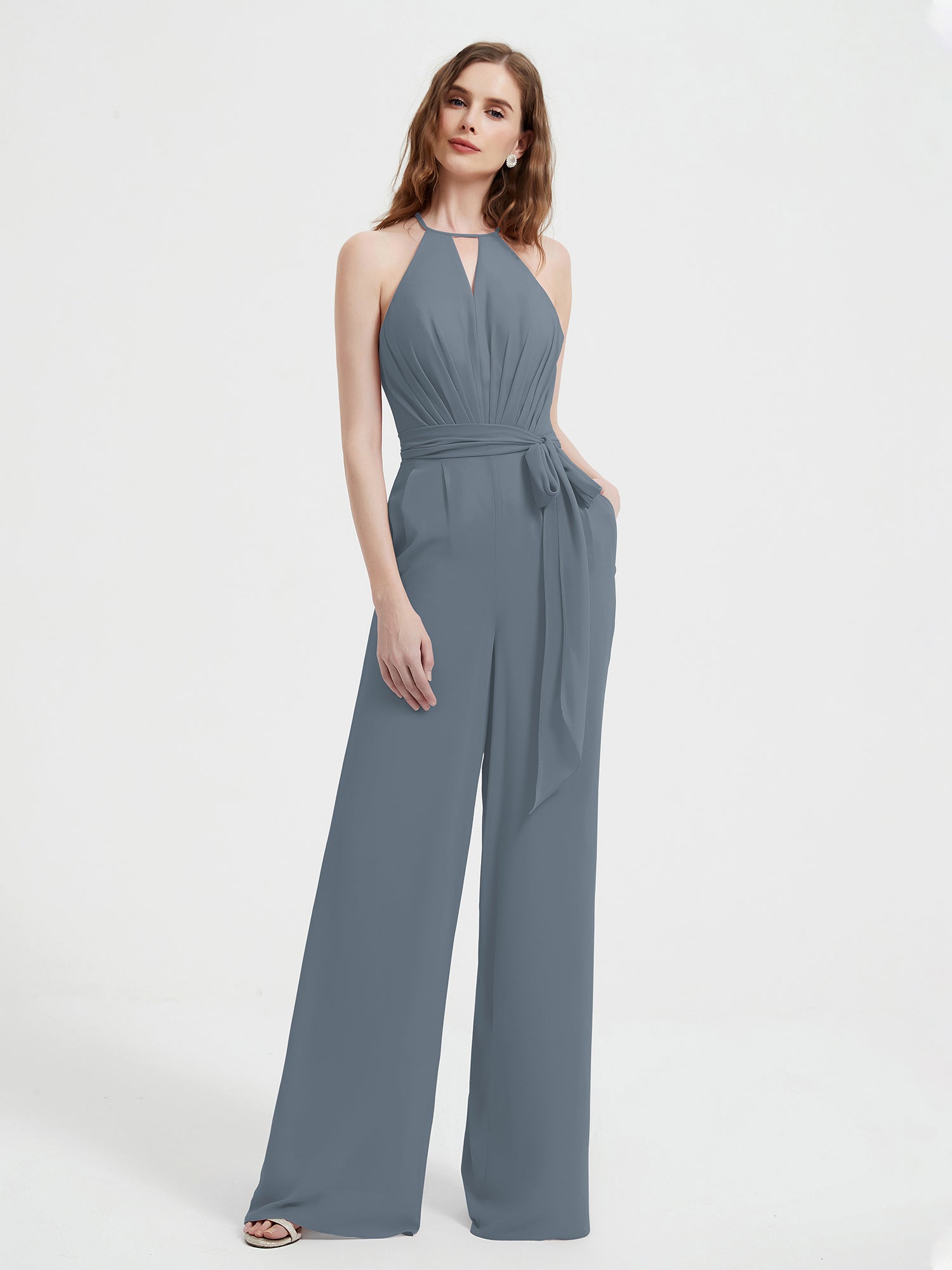 BABARONI Chiffon Slate Blue Bridesmaid Dresses Halter Floor-length ...