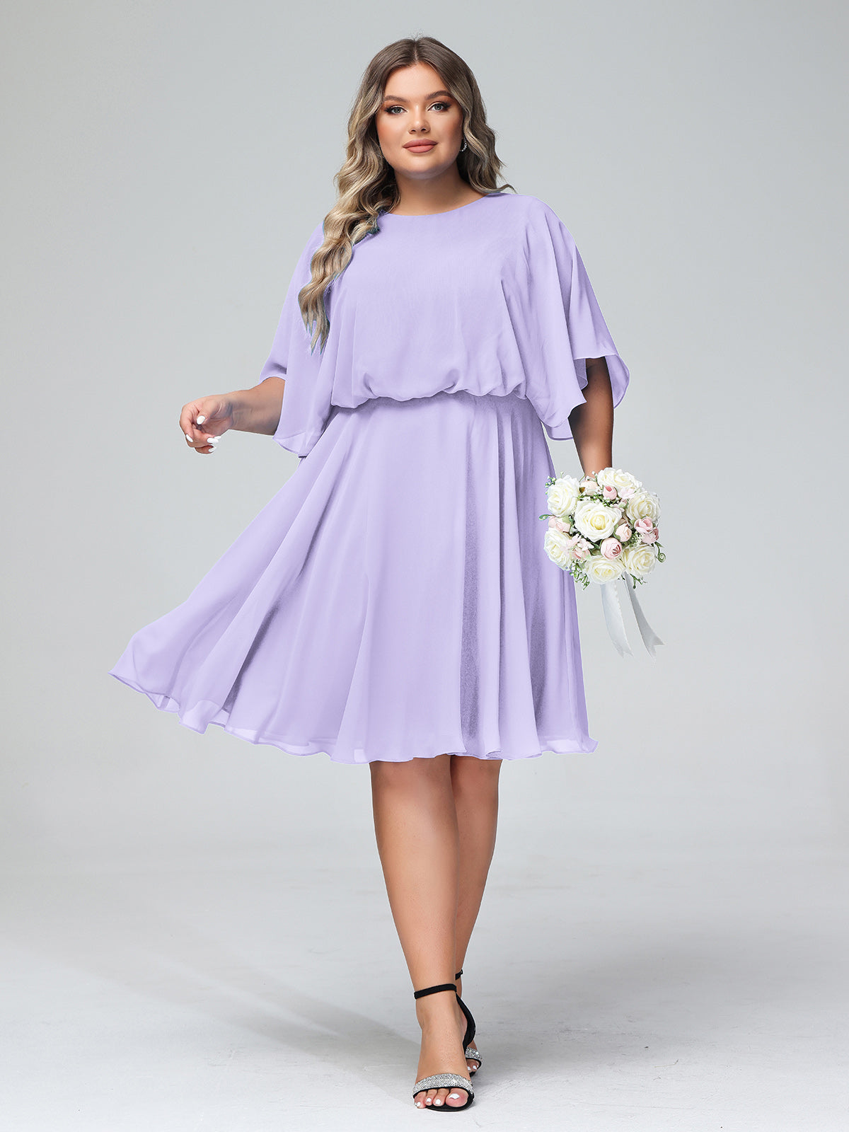 BABARONI Chiffon Lilac Bridesmaid Dresses Jewel Knee-length Half Sleeve ...