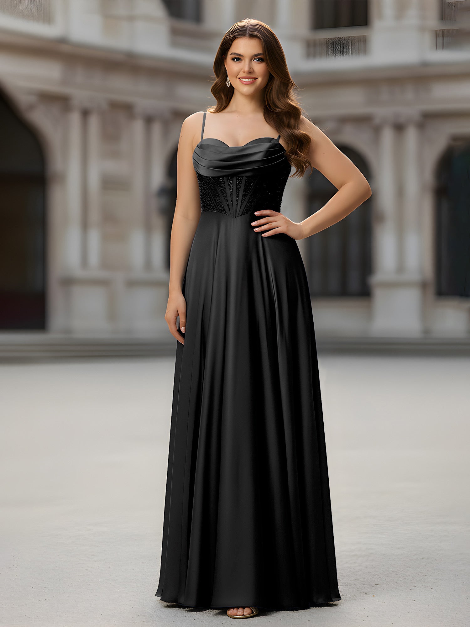 BABARONI Satin Black Prom Dresses A-line Sweetheart Pleated Beaded ...