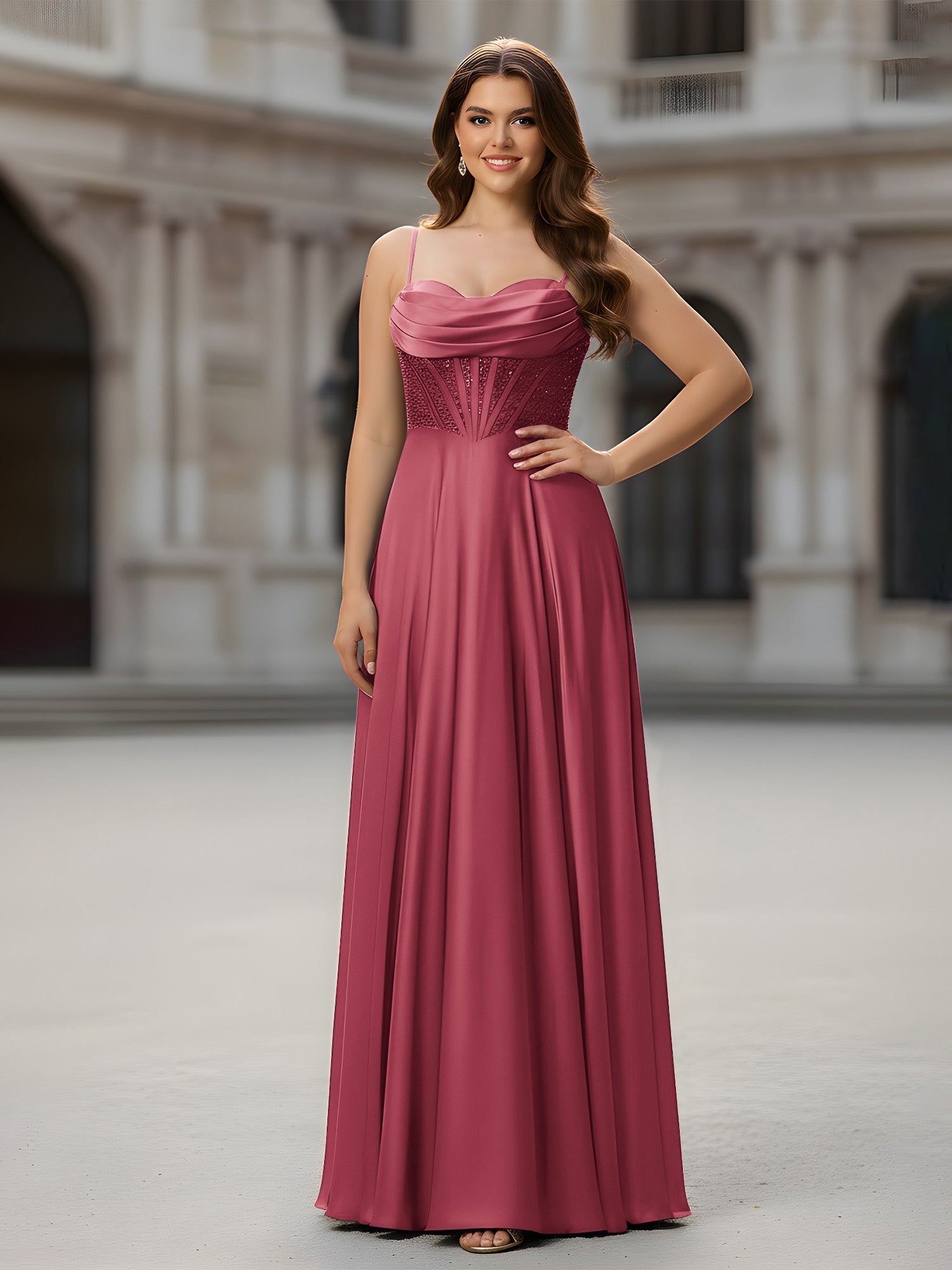 BABARONI Satin Cinnamon Rose Prom Dresses A-line Sweetheart Pleated ...