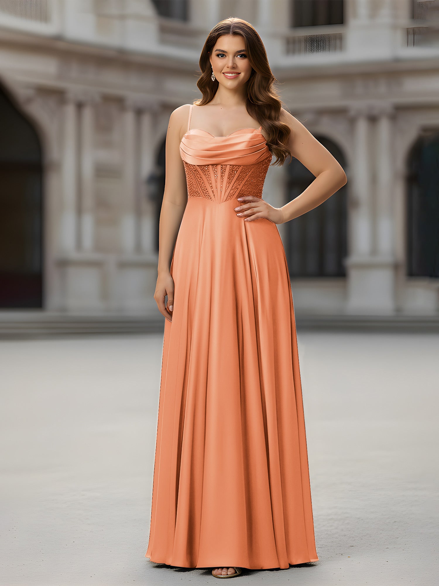 BABARONI Satin Papaya Prom Dresses A-line Sweetheart Pleated Beaded ...
