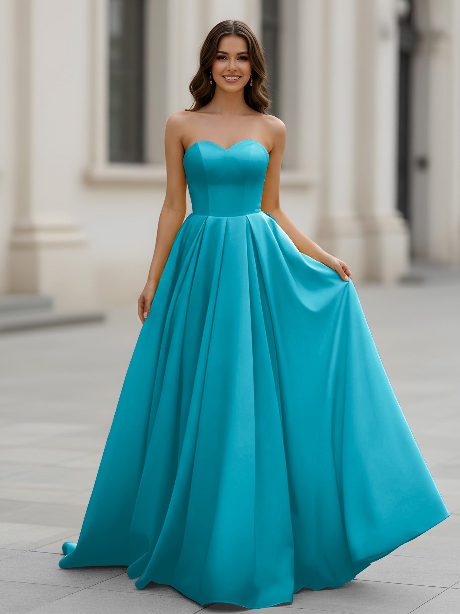 BABARONI Satin Jade Prom Dresses A-line Sweetheart Sleeveless Ruched
