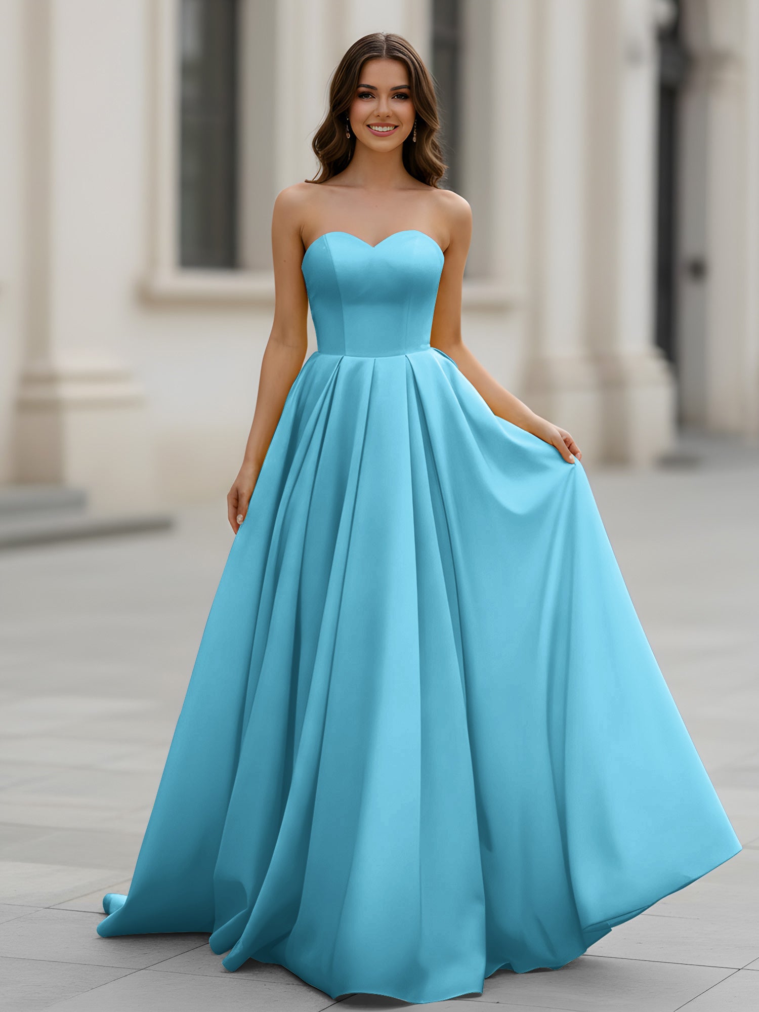 BABARONI Satin Pool Prom Dresses A-line Sweetheart Sleeveless Ruched