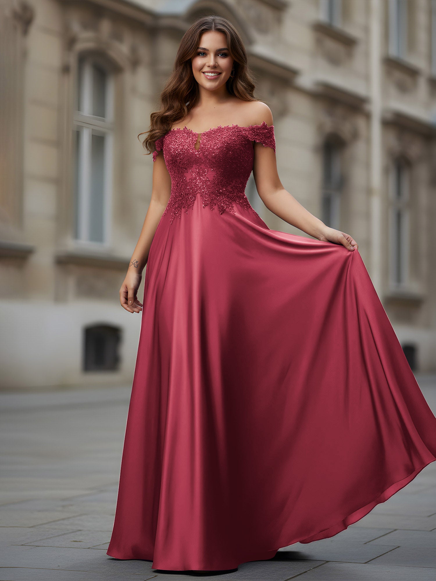 BABARONI Satin Cinnamon Rose Prom Dresses A-line Off-the-shoulder ...