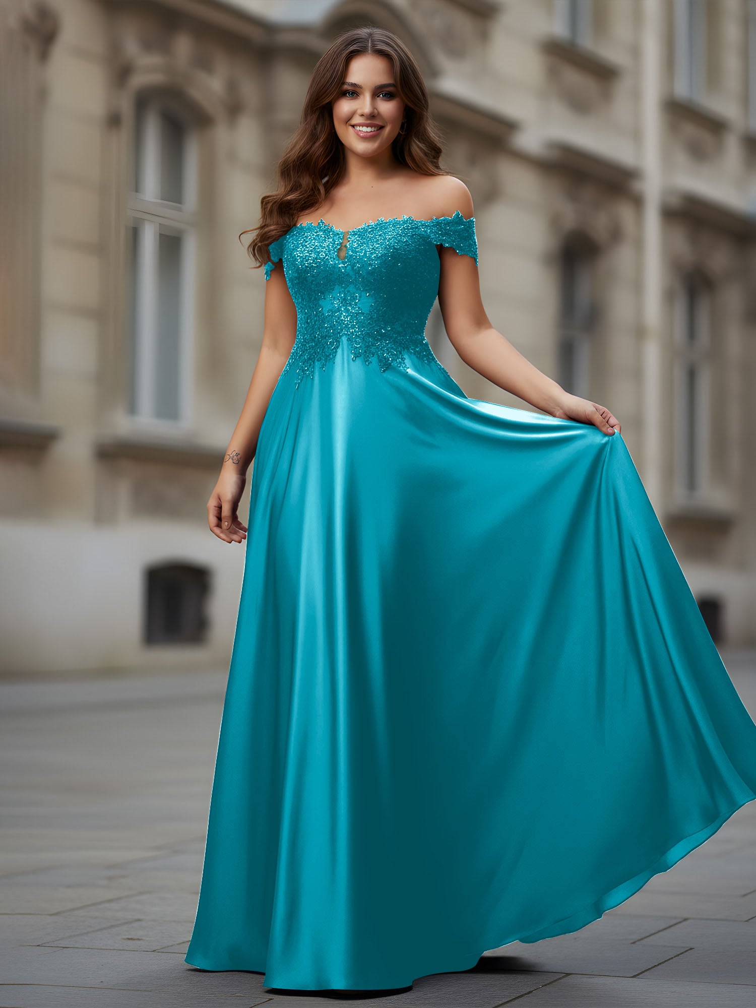 BABARONI Satin Jade Prom Dresses A-line Off-the-shoulder Appliqued ...
