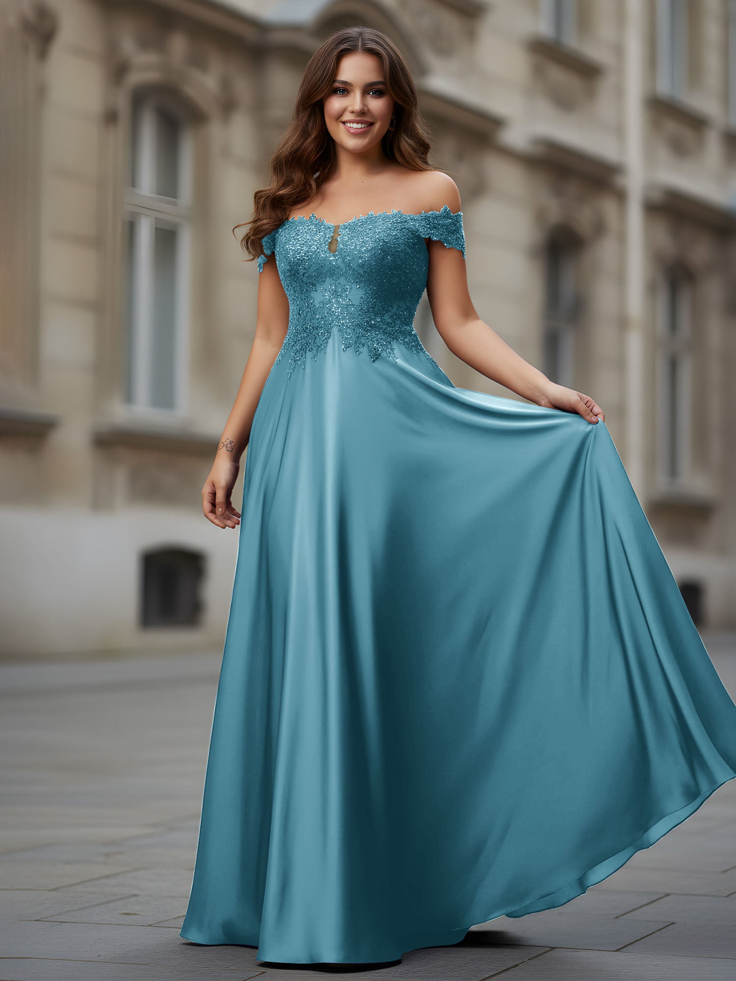 BABARONI Satin Pool Prom Dresses A-line Off-the-shoulder Appliqued ...