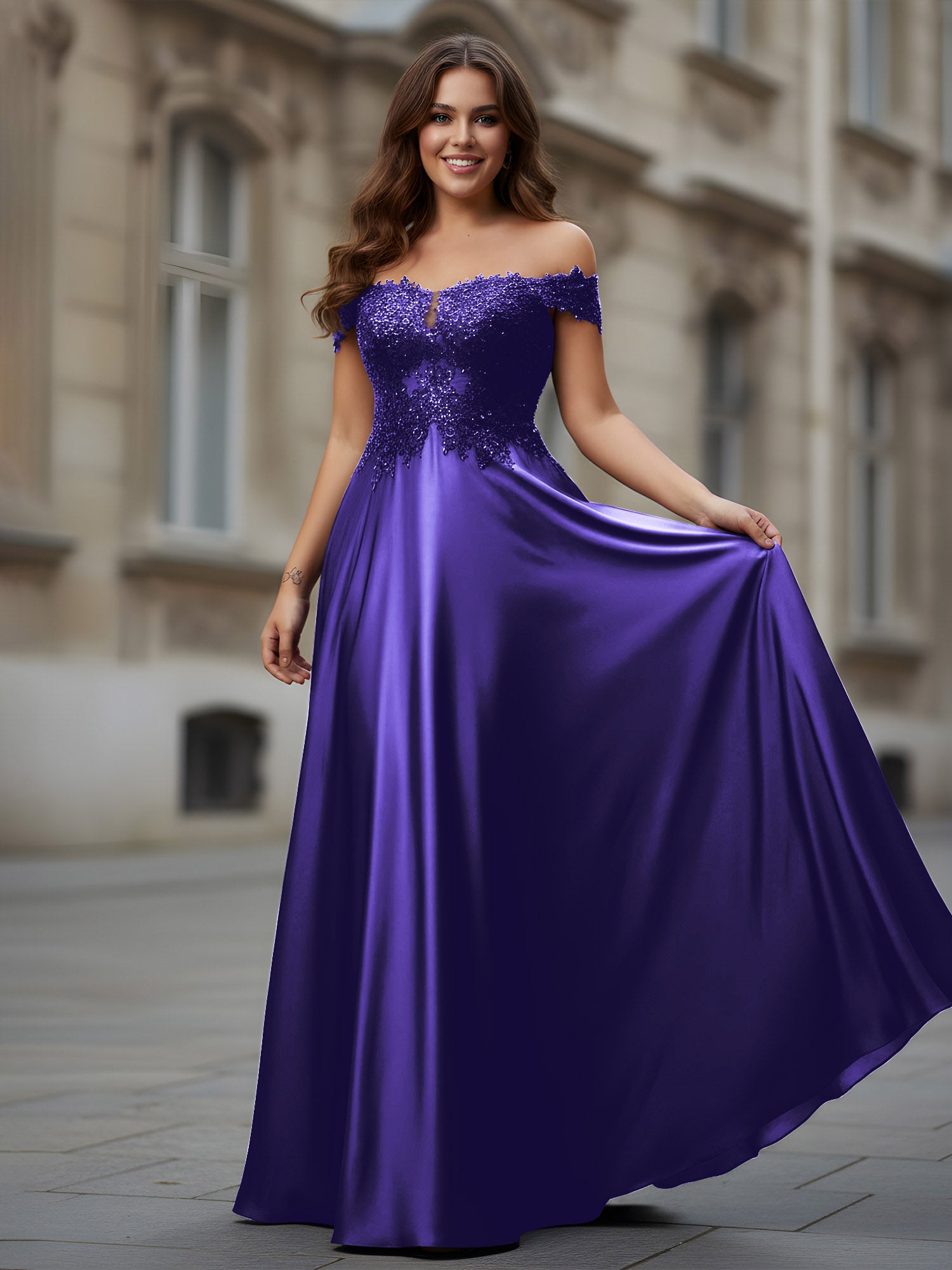 BABARONI Satin Regency Prom Dresses A-line Off-the-shoulder Appliqued ...