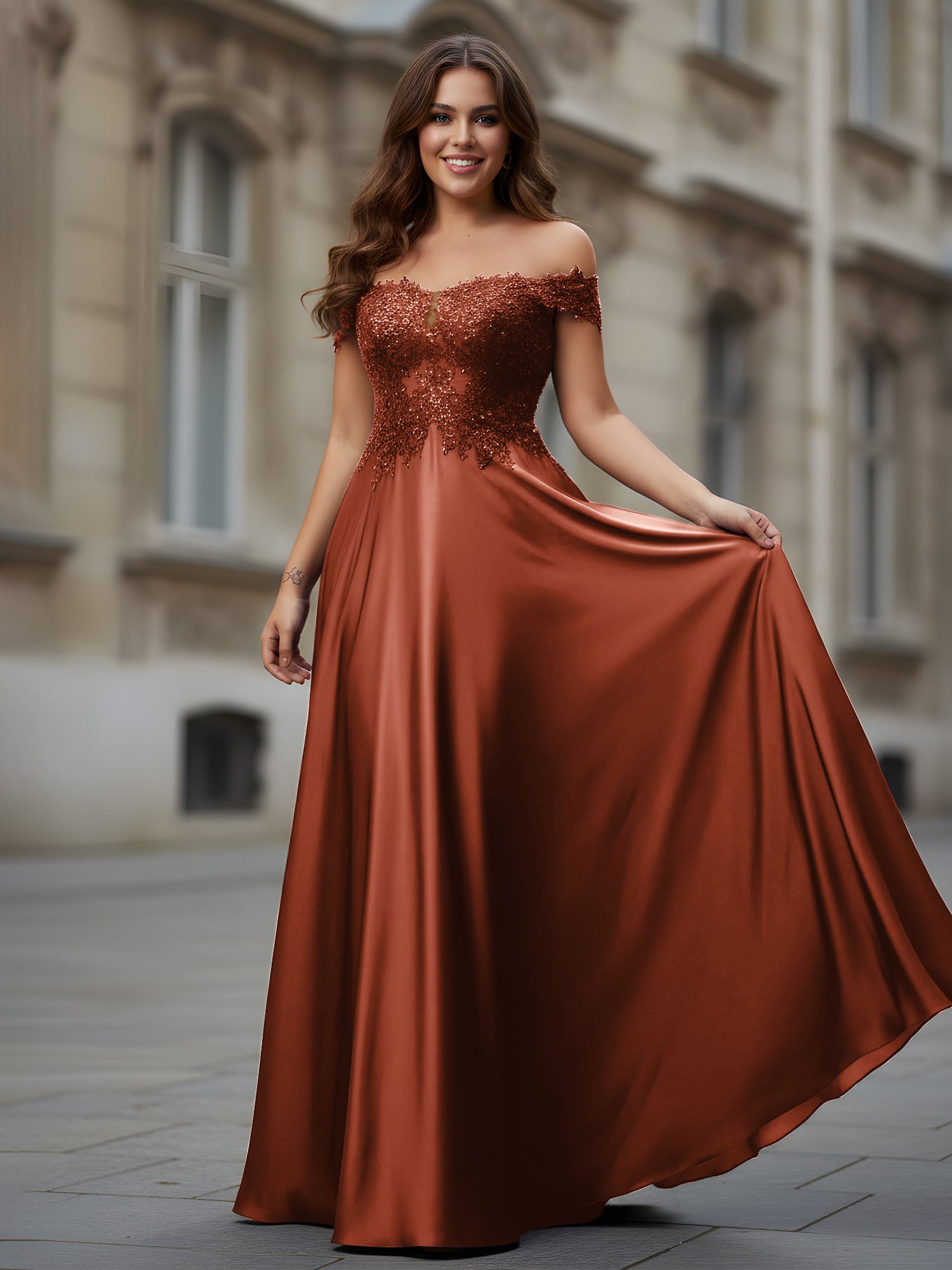 BABARONI Satin Rust Prom Dresses A-line Off-the-shoulder Appliqued ...
