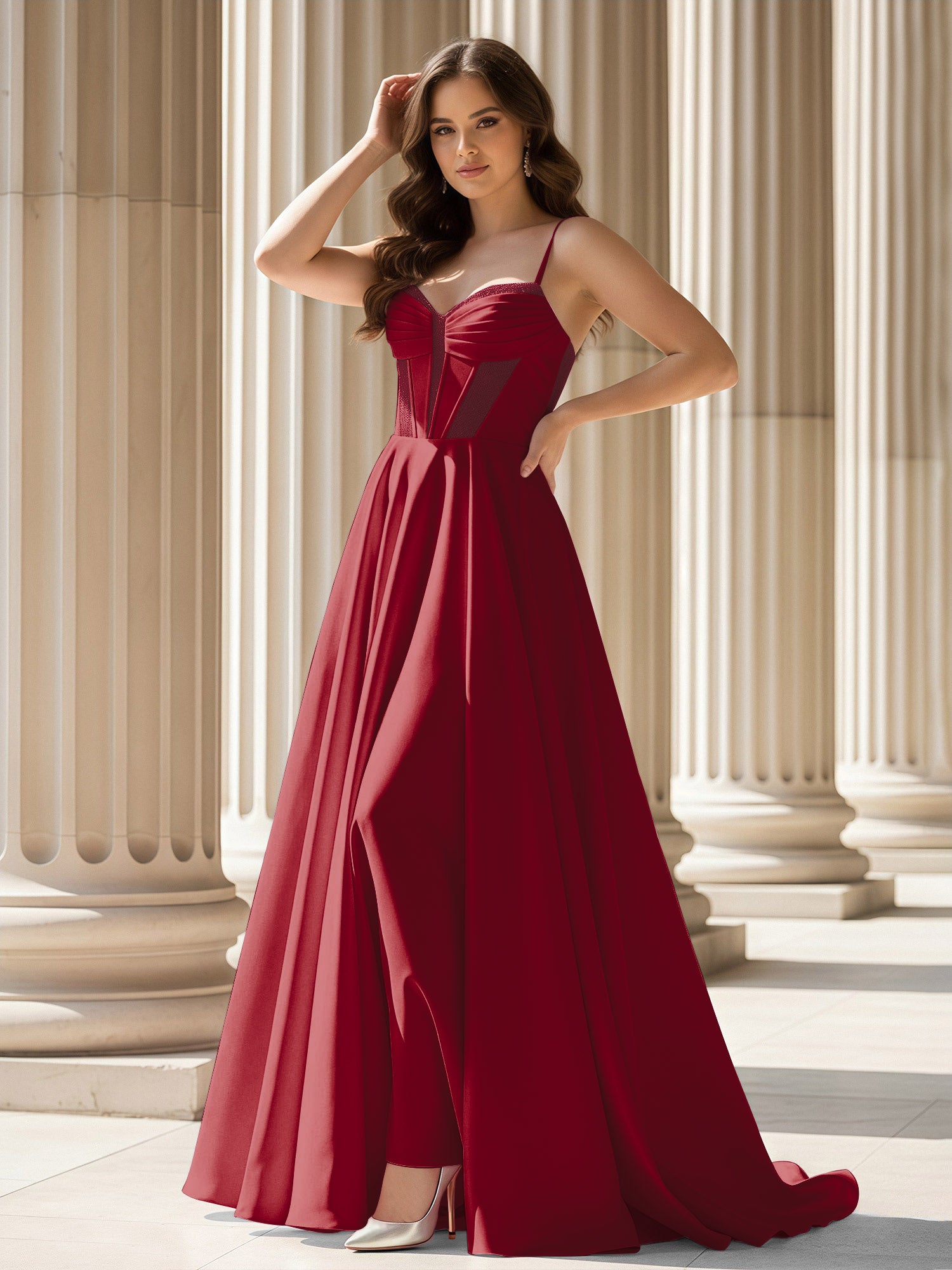 BABARONI Satin Burgundy Prom Dresses A-line Sweetheart Pleated ...