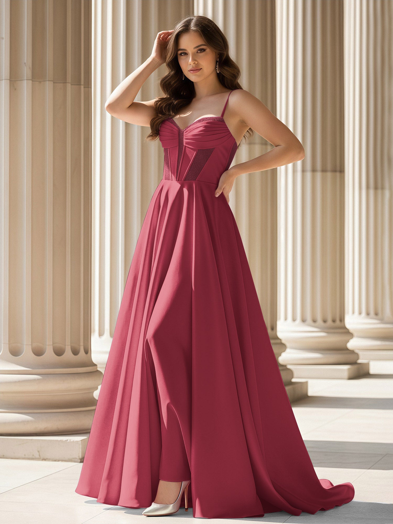 BABARONI Satin Cinnamon Rose Prom Dresses A-line Sweetheart Pleated ...