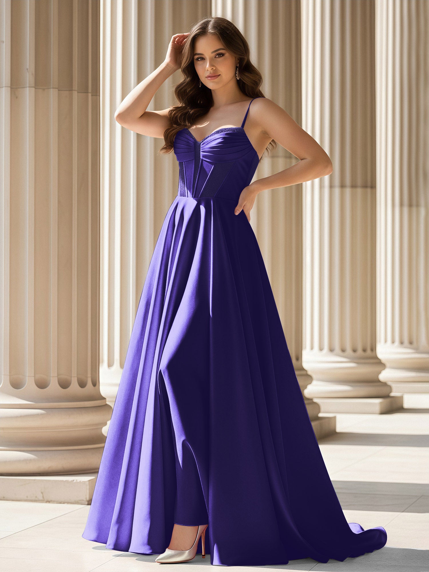 BABARONI Satin Regency Prom Dresses A-line Sweetheart Pleated Spaghetti ...