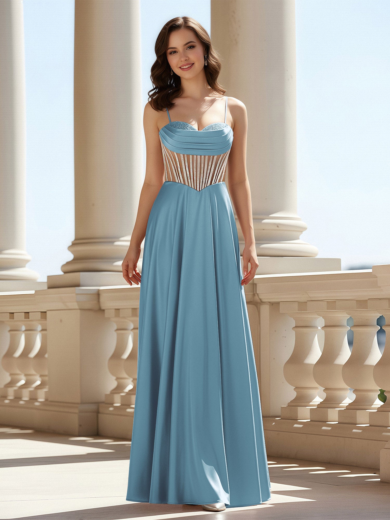 BABARONI Satin Slate Blue Prom Dresses A-line Sweetheart Rhinestone ...