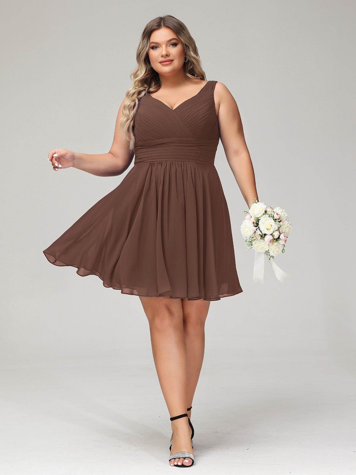 V Neck Chiffon Short Bridesmaid Dresses-Chocolate Plus Size – BABARONI