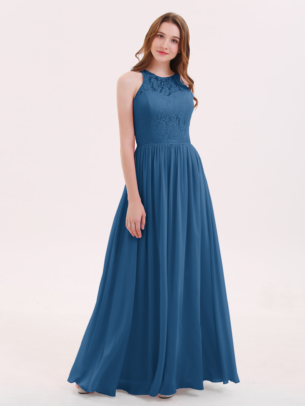 BABARONI Chiffon Ink Blue Bridesmaid Dresses Illusion Floor-length ...