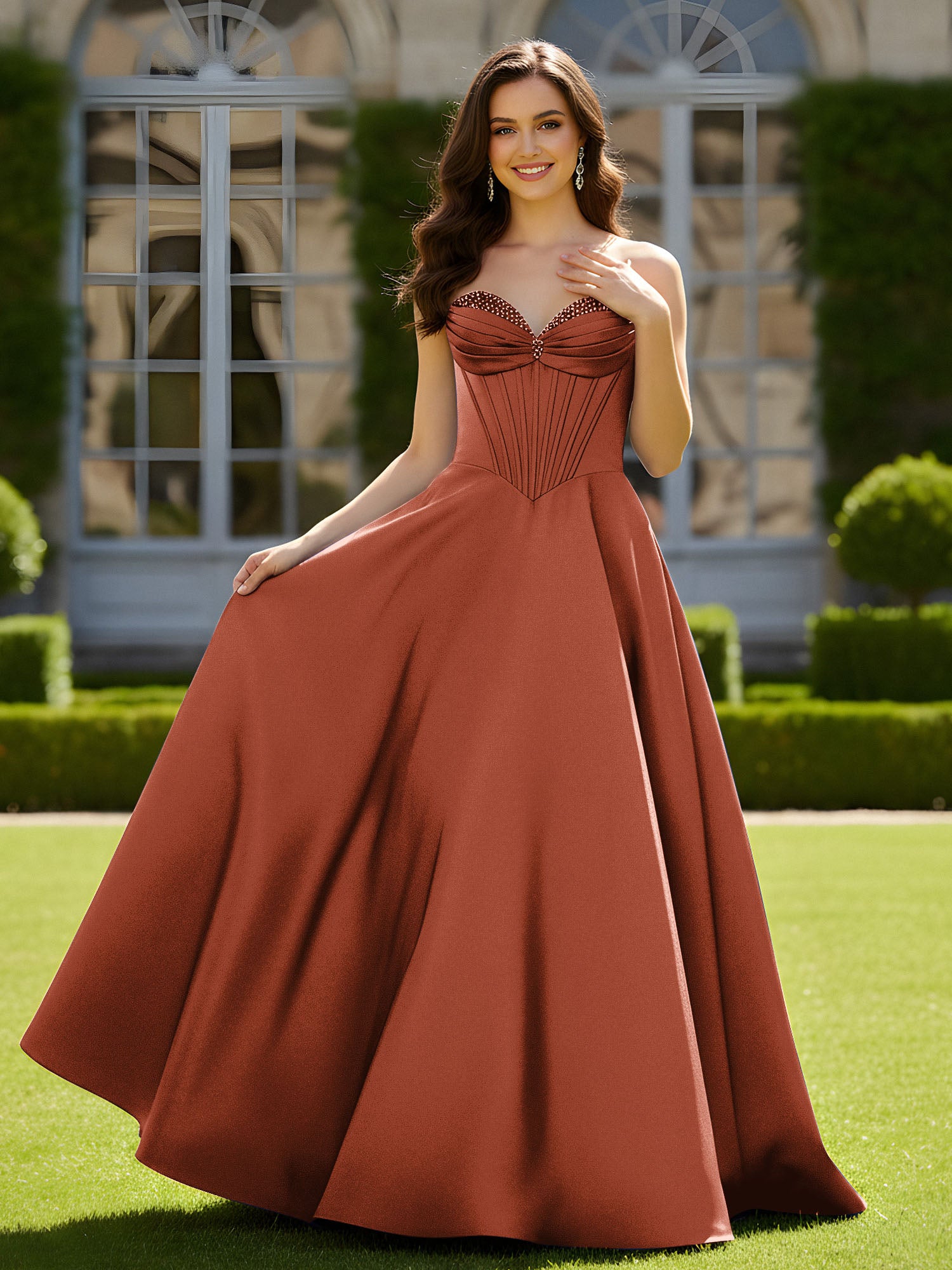 BABARONI Satin Rust Prom Dresses Ball Gown Sweetheart Rhinestone ...